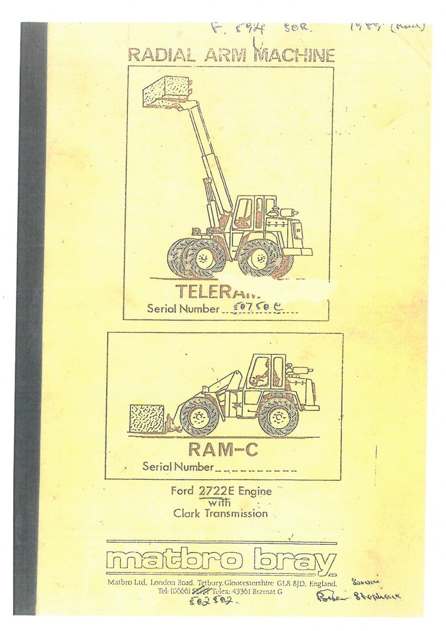 Matbro Radial Arm Machine Telehandler Ram C & Teleram C Parts Manual