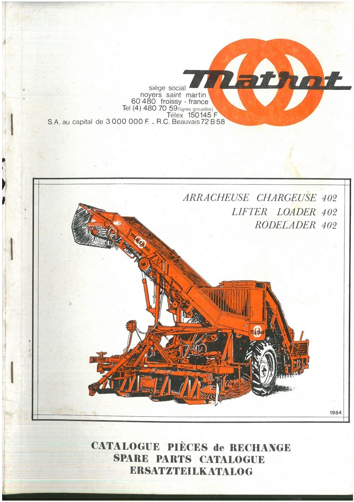 Matrot Sugar Beet Harvester Lifter Loader 402 Parts Manual