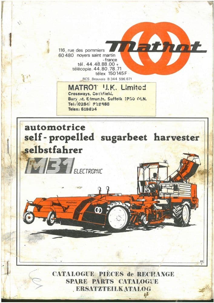Matrot Sugar Beet Harvester M31 Parts Manual