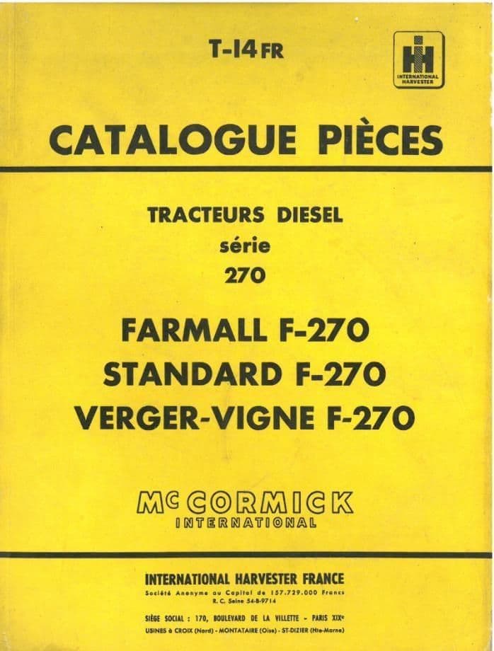 McCormick International Harvester France Tractor F-270 Farmall Standard Verger-Vigne Parts Manual