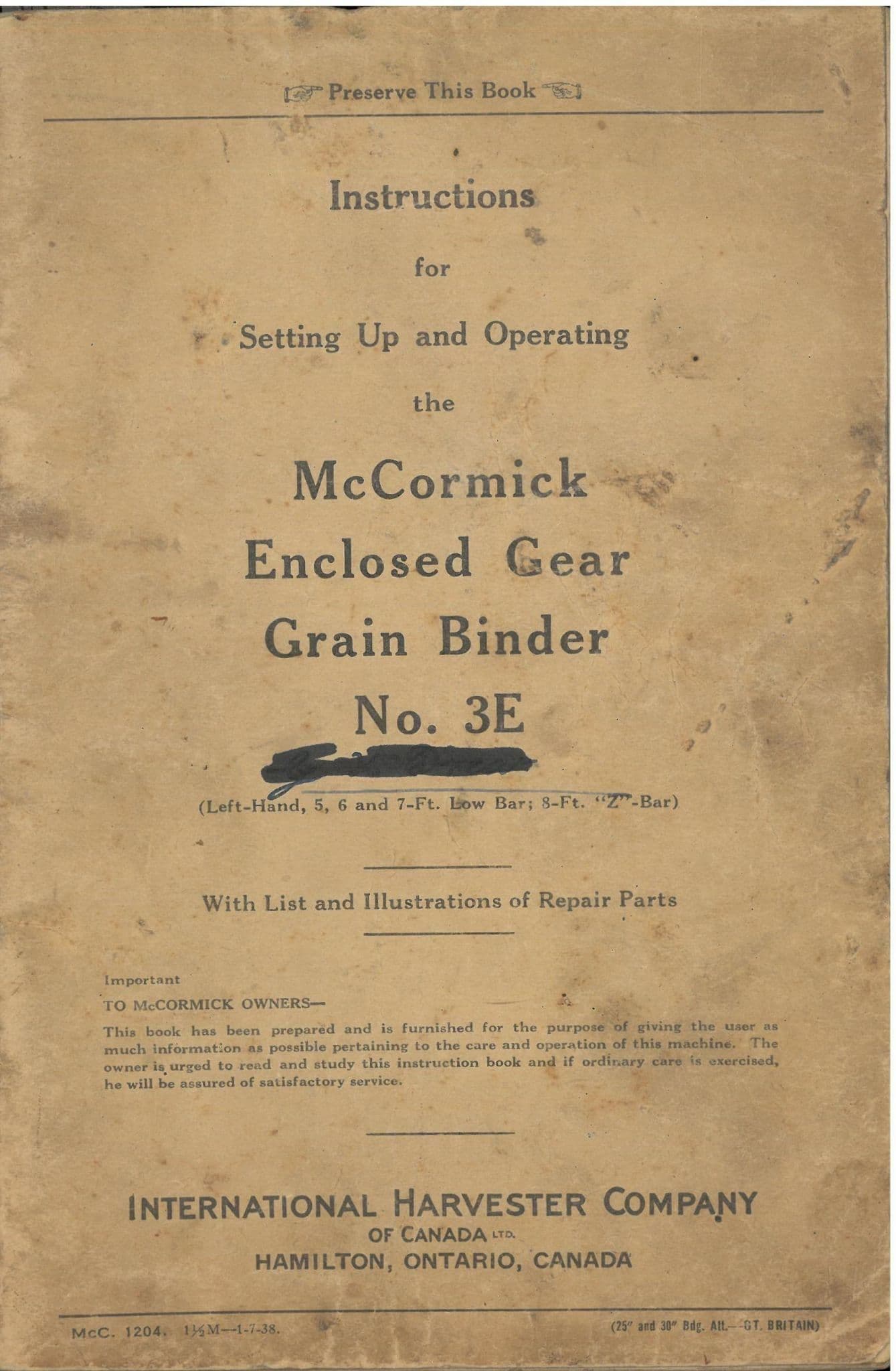McCormick No 3E Enclosed Gear Grain Binder Operators Manual with Parts List