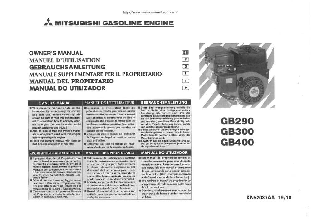 Mitsubishi Gasoline Engine GB290 GB300 GB400 Operators Manual