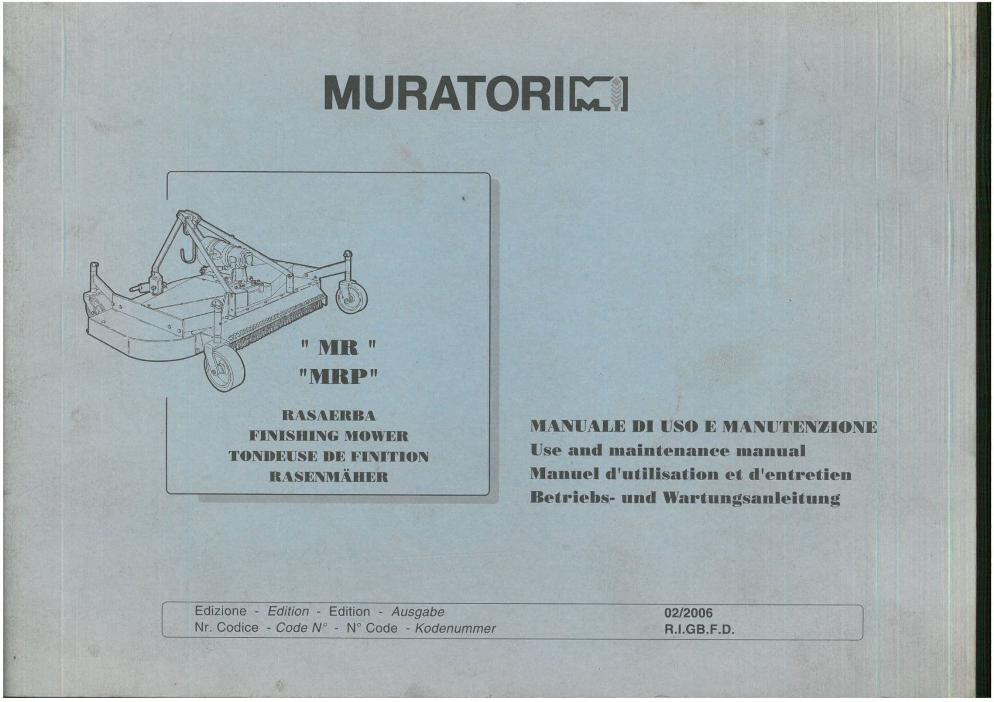 Muratori Finishing Mower MR MRP Operators Manual
