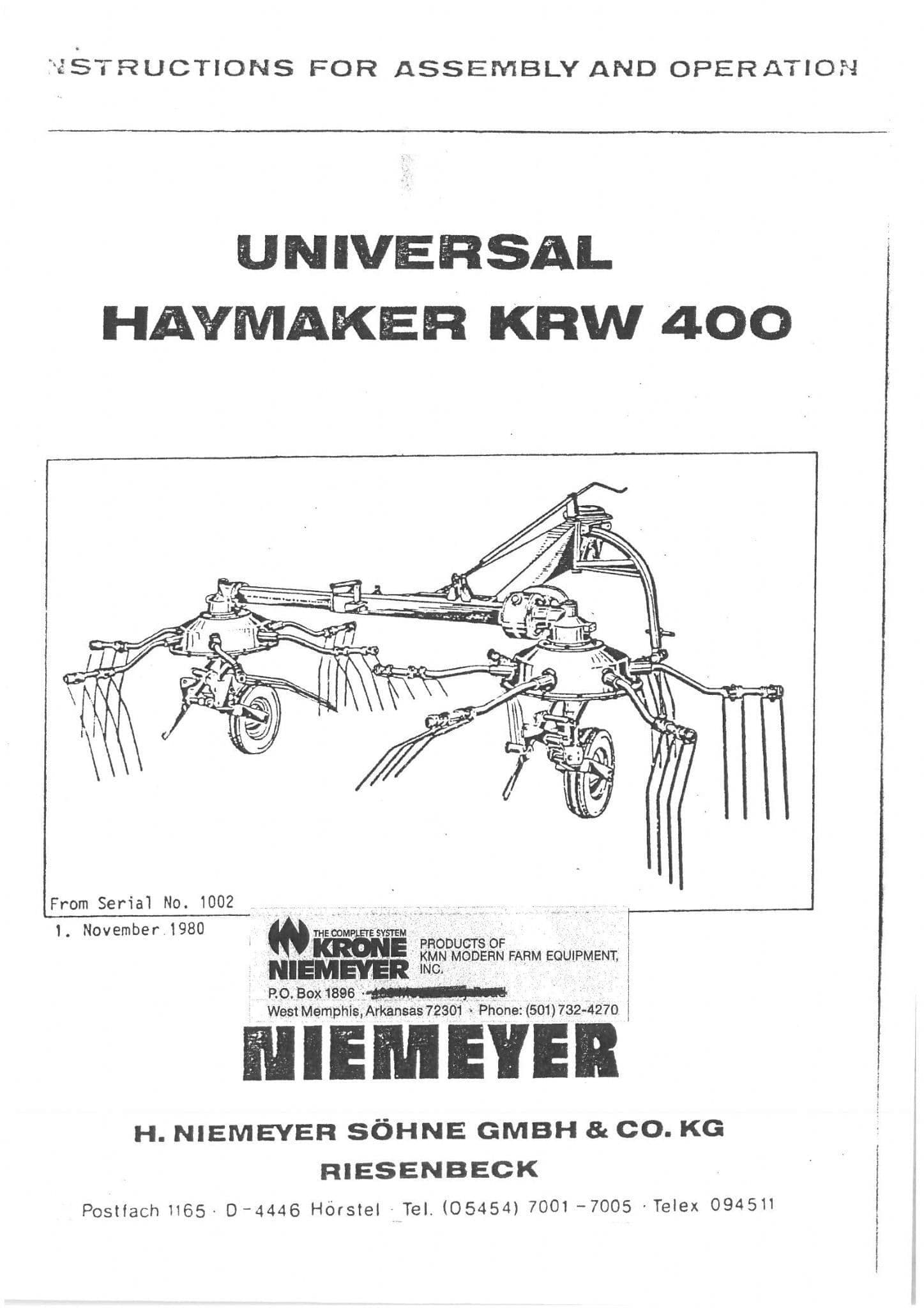 Niemeyer Rotary Tedder Universal Haymaker KRW400 Operators Manual KR 400
