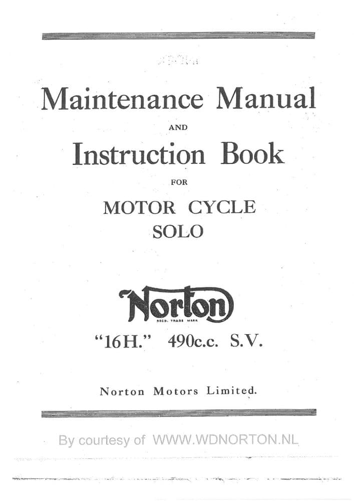 Norton Motor Cycle Solo Engine 16H 490cc SV Operators Manual