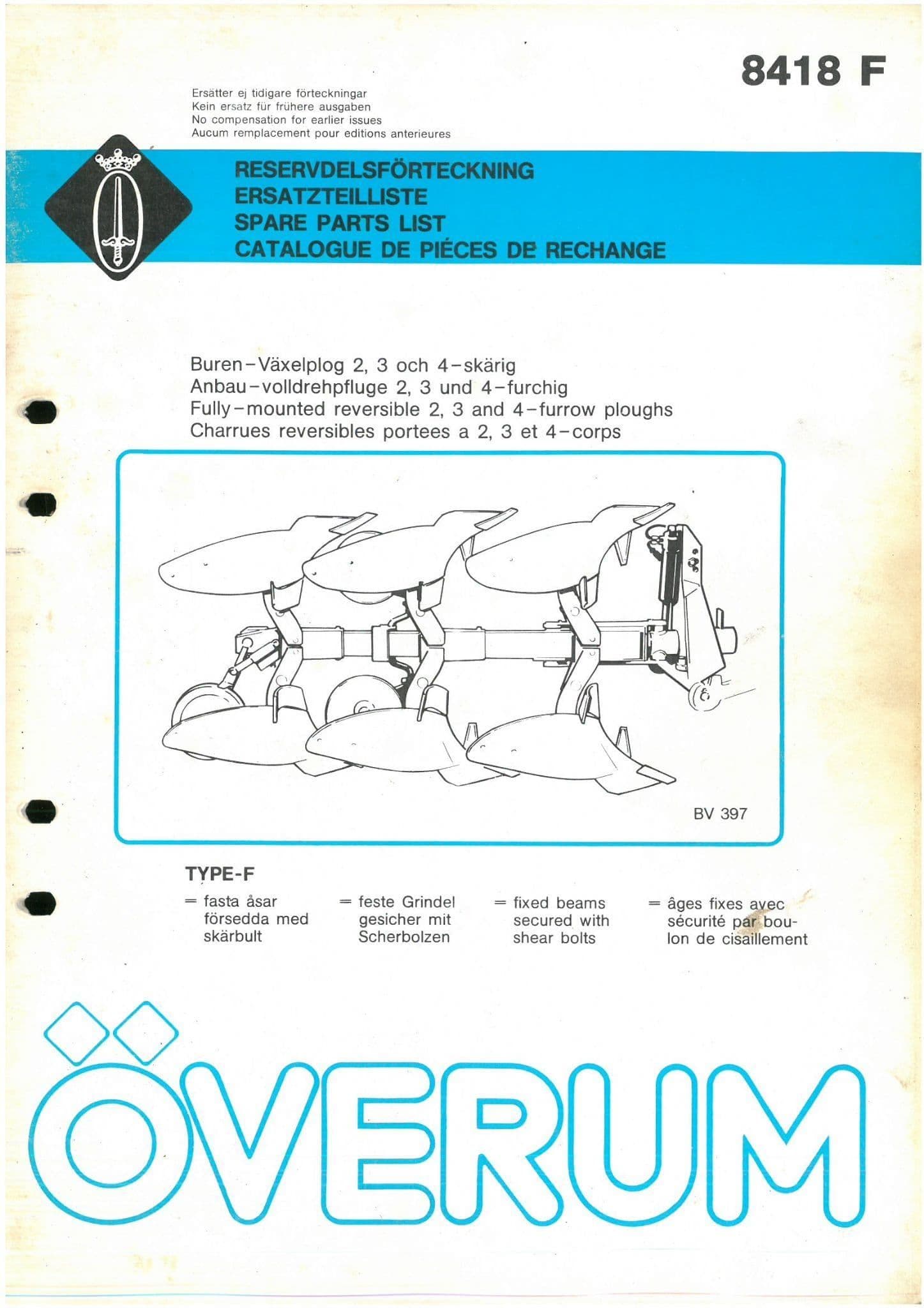 Overum Fully Mounted Reversible Plough BV397 Parts Manual 2 3 & 4 ...