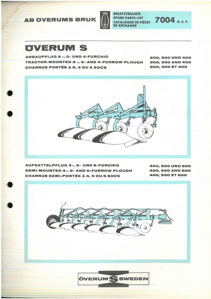 Overum Plough S Tractor-Mounted Semi-Mounted Parts Manual - 200 300 400 ...