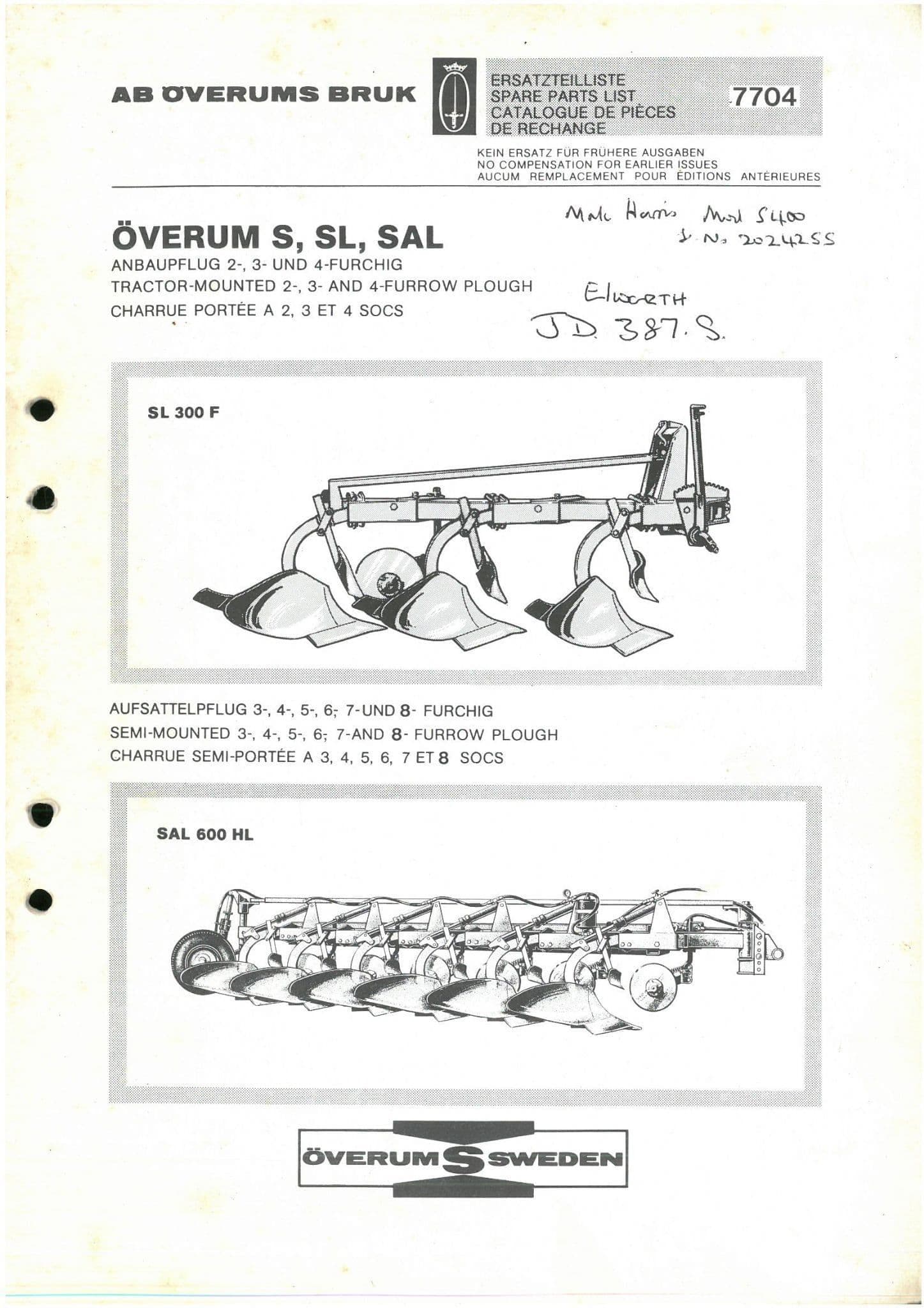 Overum Plough Tractor Mounted SL300F 2-4 Furrow Semi Mounted SAL600HL 3 ...