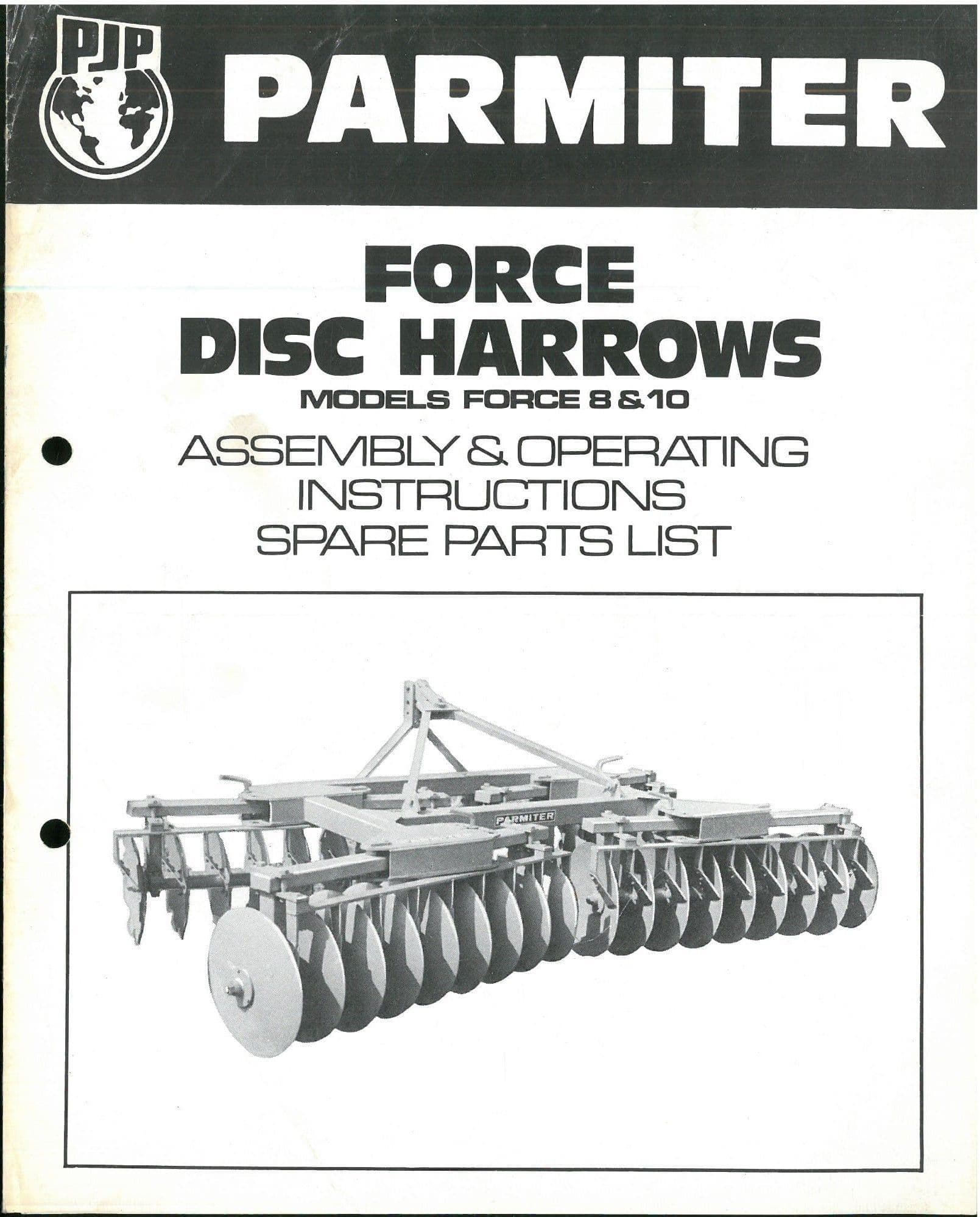Parmiter Force Disc Harrows Models 8 & 10 Operating Manual with Parts List