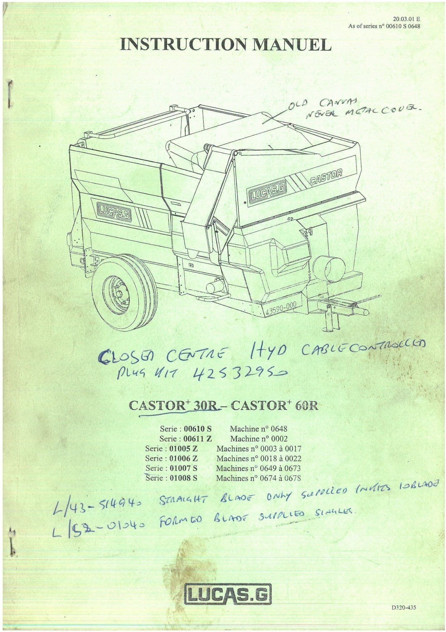 Parmiter Lucas G Castor 30R 60R Bedder Operators Manual with Parts List ...