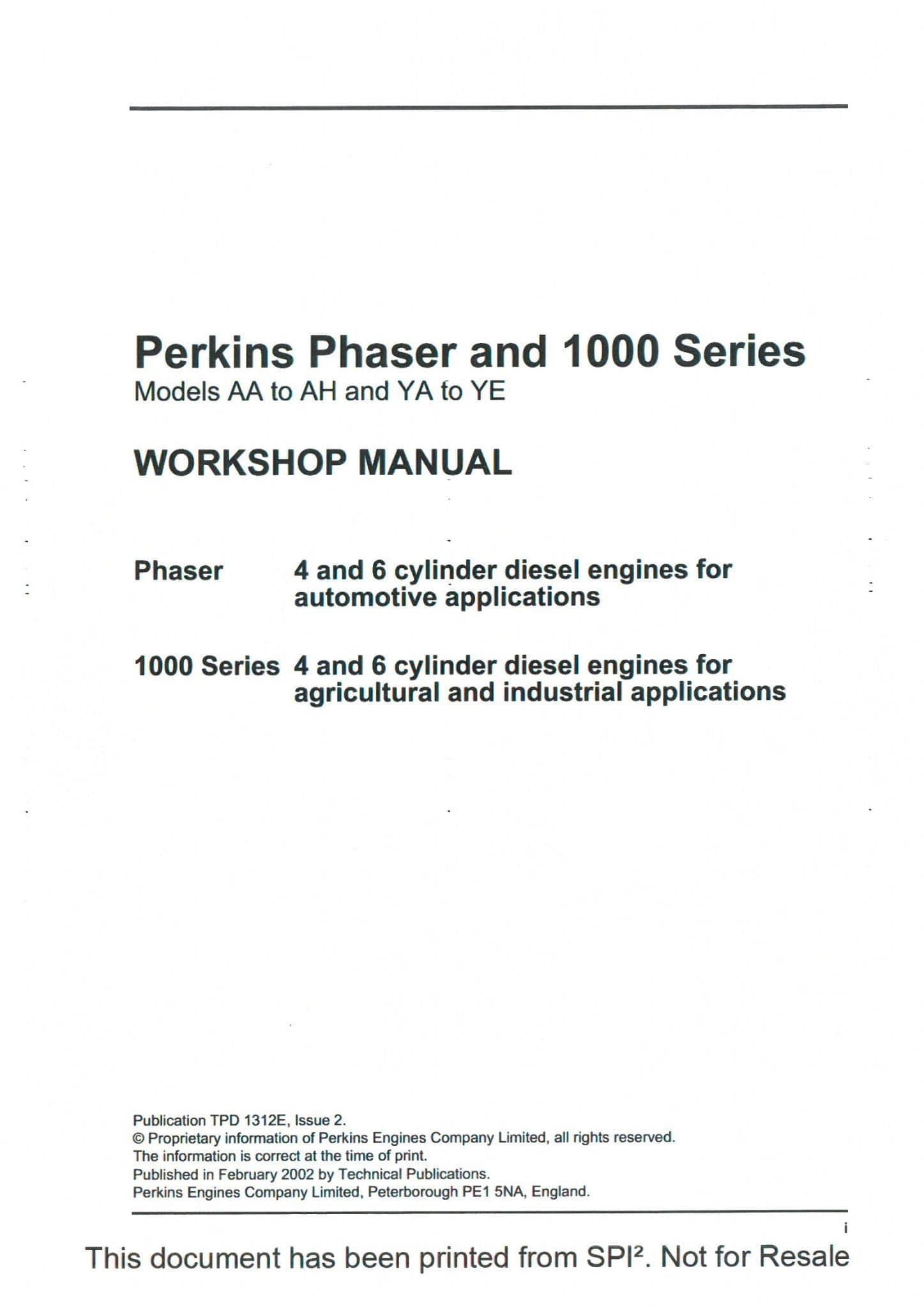 Perkins Diesel Engine Phaser/1000 Series AA AB AC AD AE AG AH YA YB YC ...