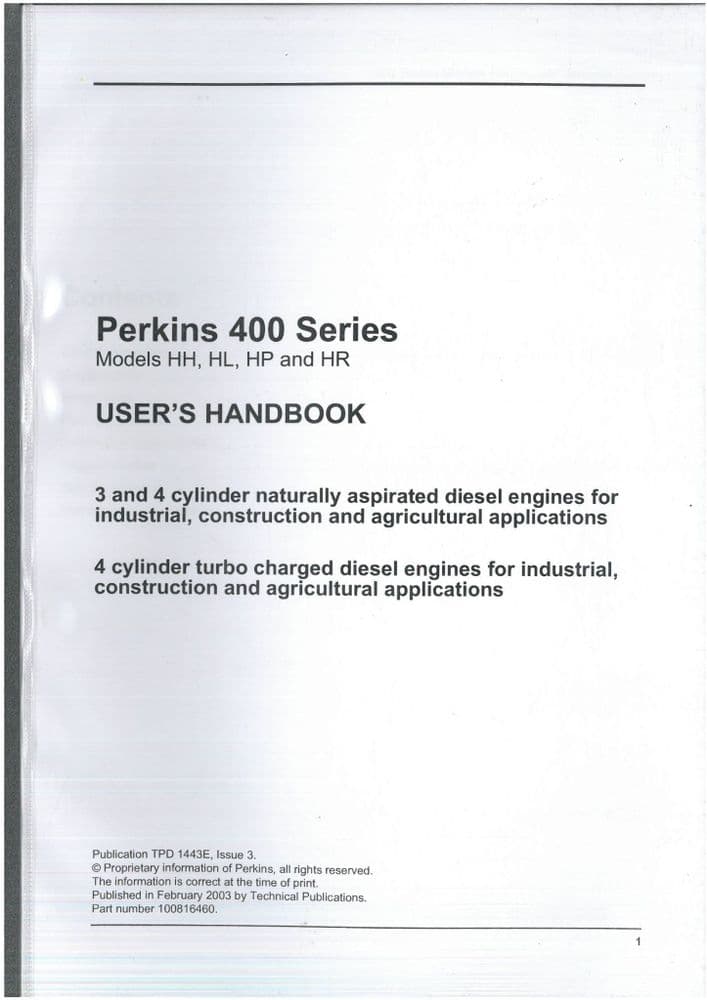 Perkins Engine 400 Series Model HH HL HP & HR Operators Manual