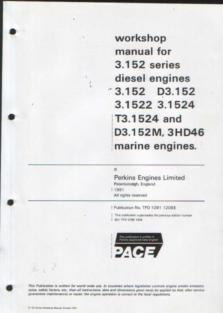 Perkins Engine Workshop Manual 3 152 D3 152 3 1522 3 1524 T3 1524 & D3 ...