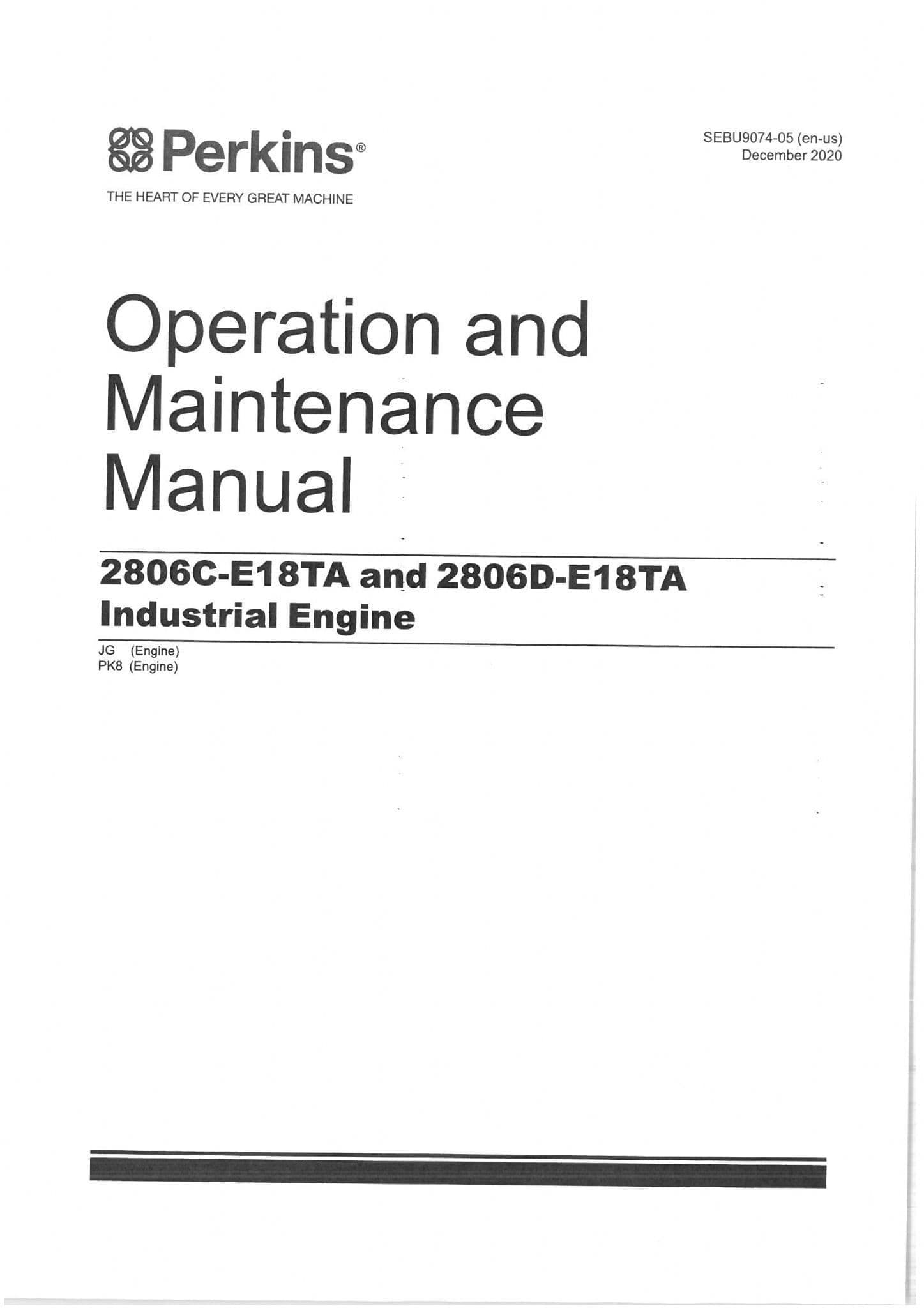 Perkins Industrial Engine 2806C-E18TA & 2806D-E18TA Operators Manual JG PK8
