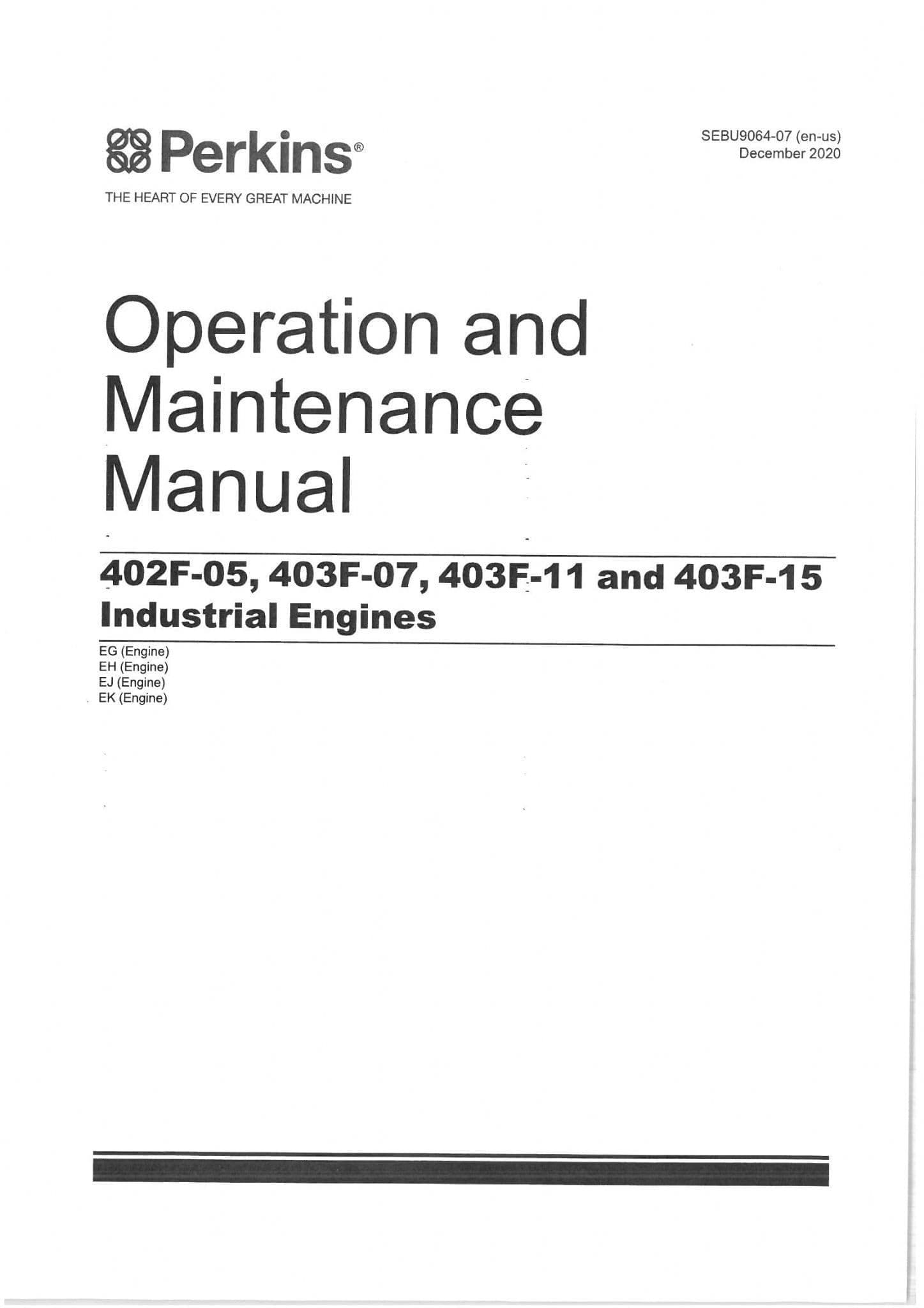 Perkins Industrial Engine 402F-05 403F-07 403F-11 & 403F-15 Operators Manual EG EH EJ EK