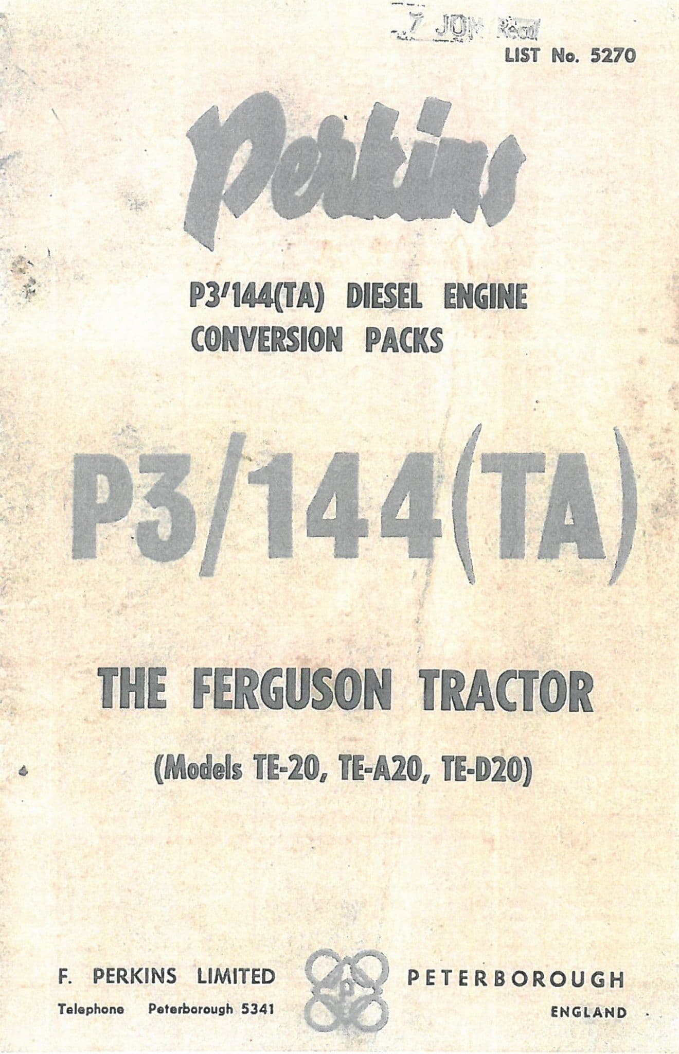 Perkins P3/144 TA Diesel Engine Conversion Packs for Ferguson Tractor TE-20 TE-A20 TE-D20