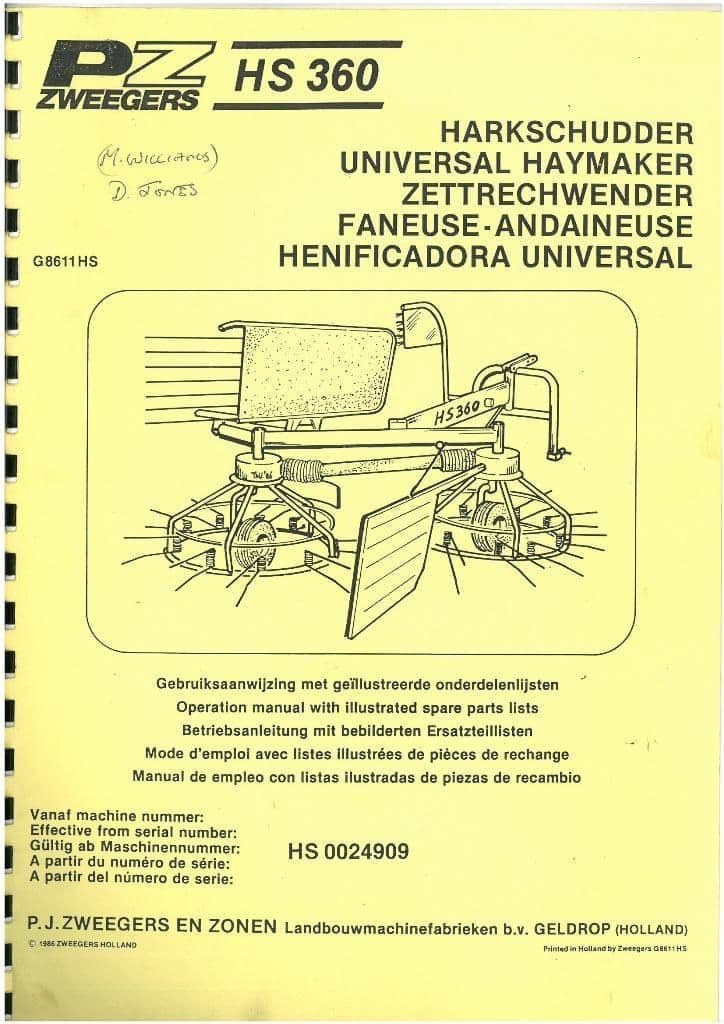 PZ Zweegers Haybob Tedder Universal Haymaker HS360 Operators Manual with Parts List - HS 360