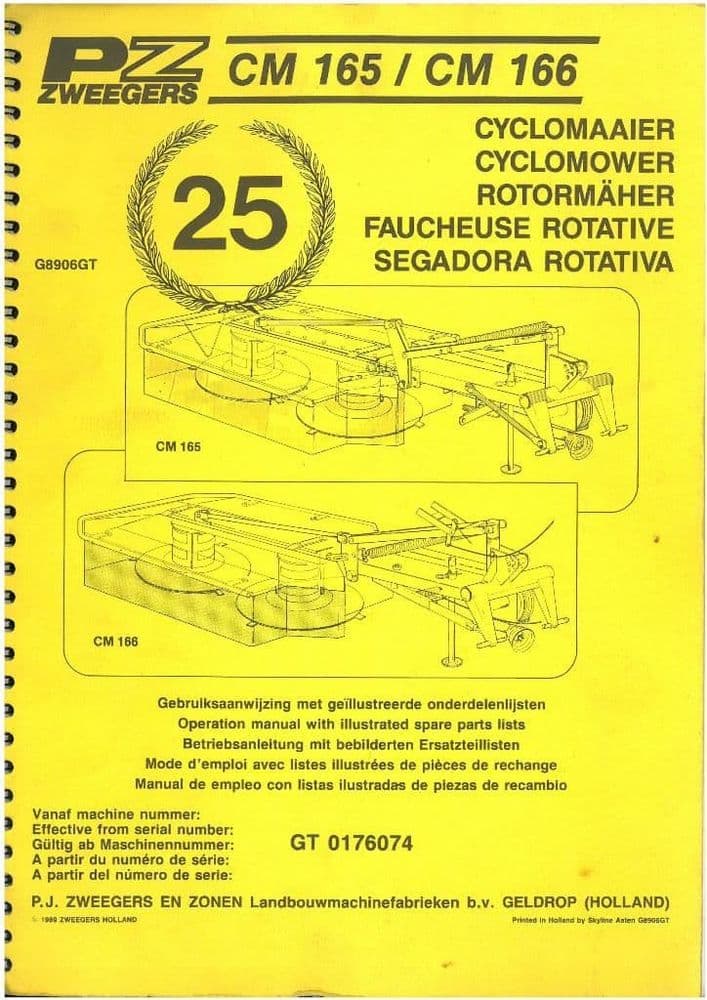 PZ Zweegers Mower Cyclomower CM165 & CM166 Operators Manual with Parts ...