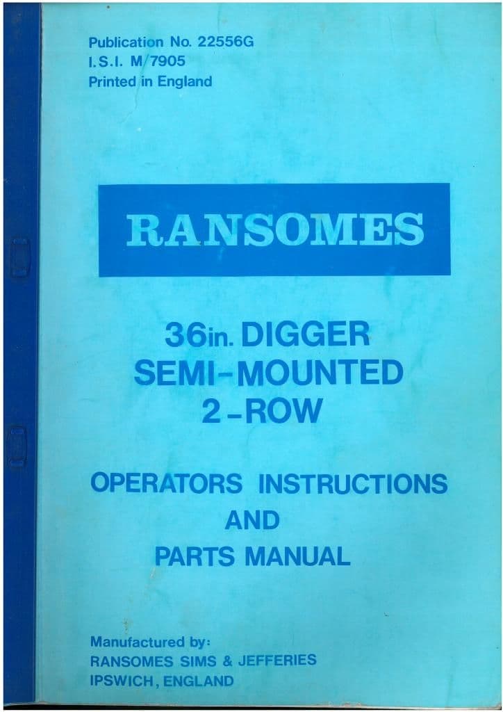 Ransomes 36" Digger Semi-Mounted 2-Row Operators Manual with Parts List