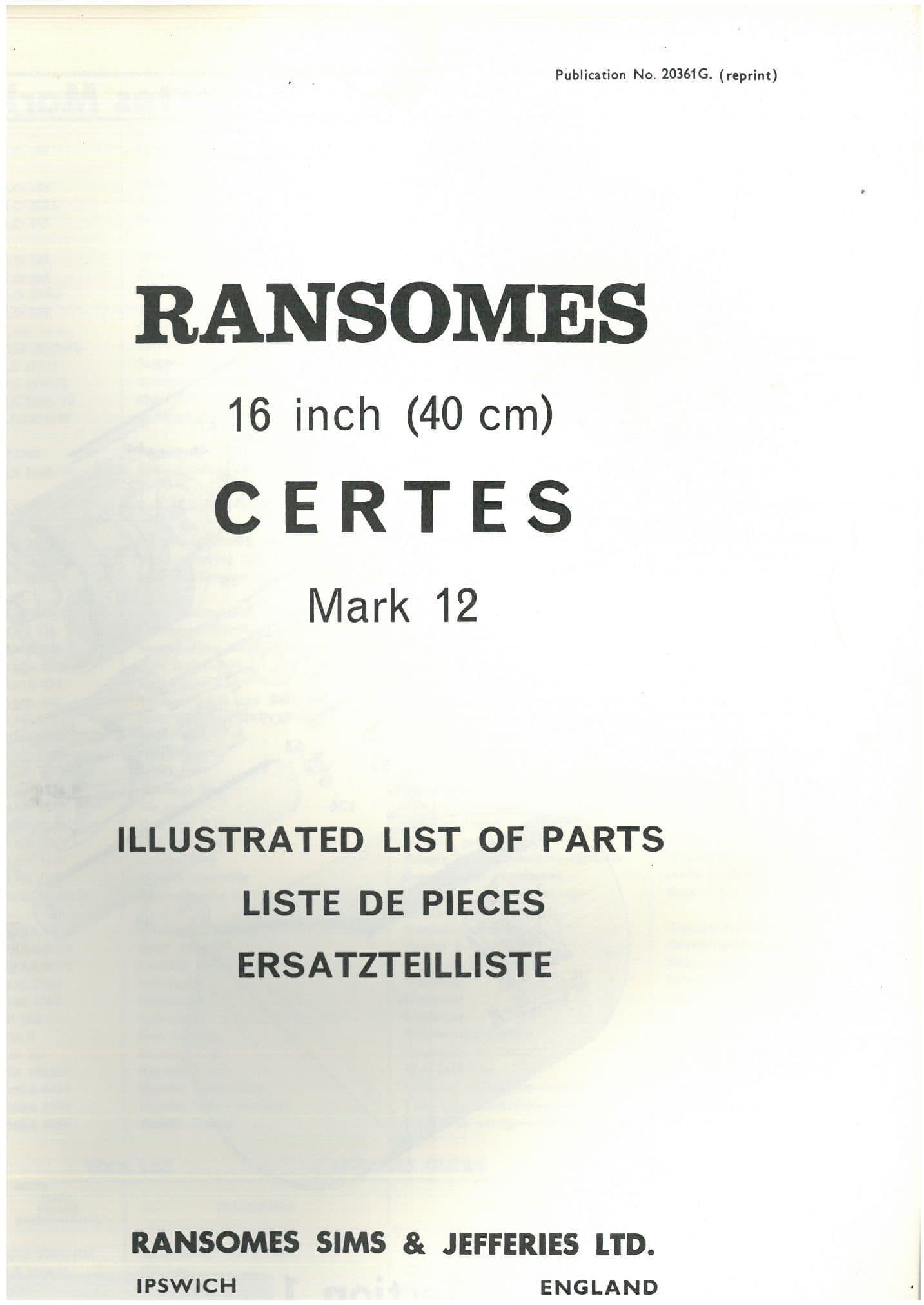 Ransomes Certes 16" Mower Lawnmower Mark 12 Mk12 Parts Manual