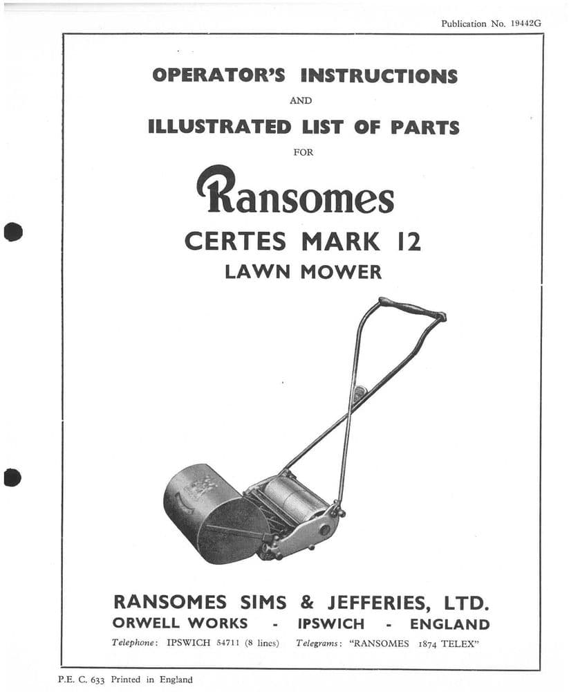 Ransomes Certes Lawn Mower Mark 12 Mk12 Operators Manual with Parts List