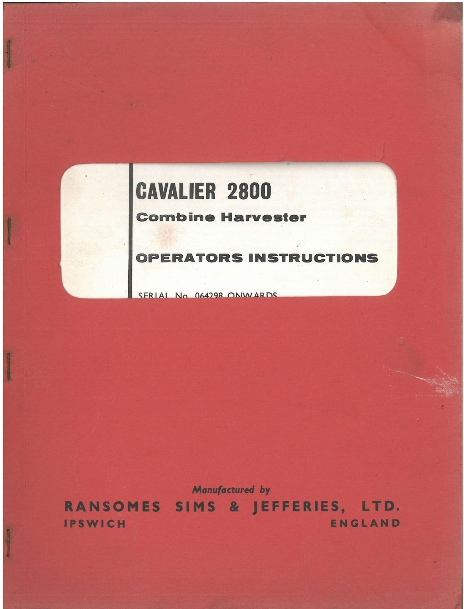 Ransomes Combine Harvester Cavalier 2800 Operators Manual