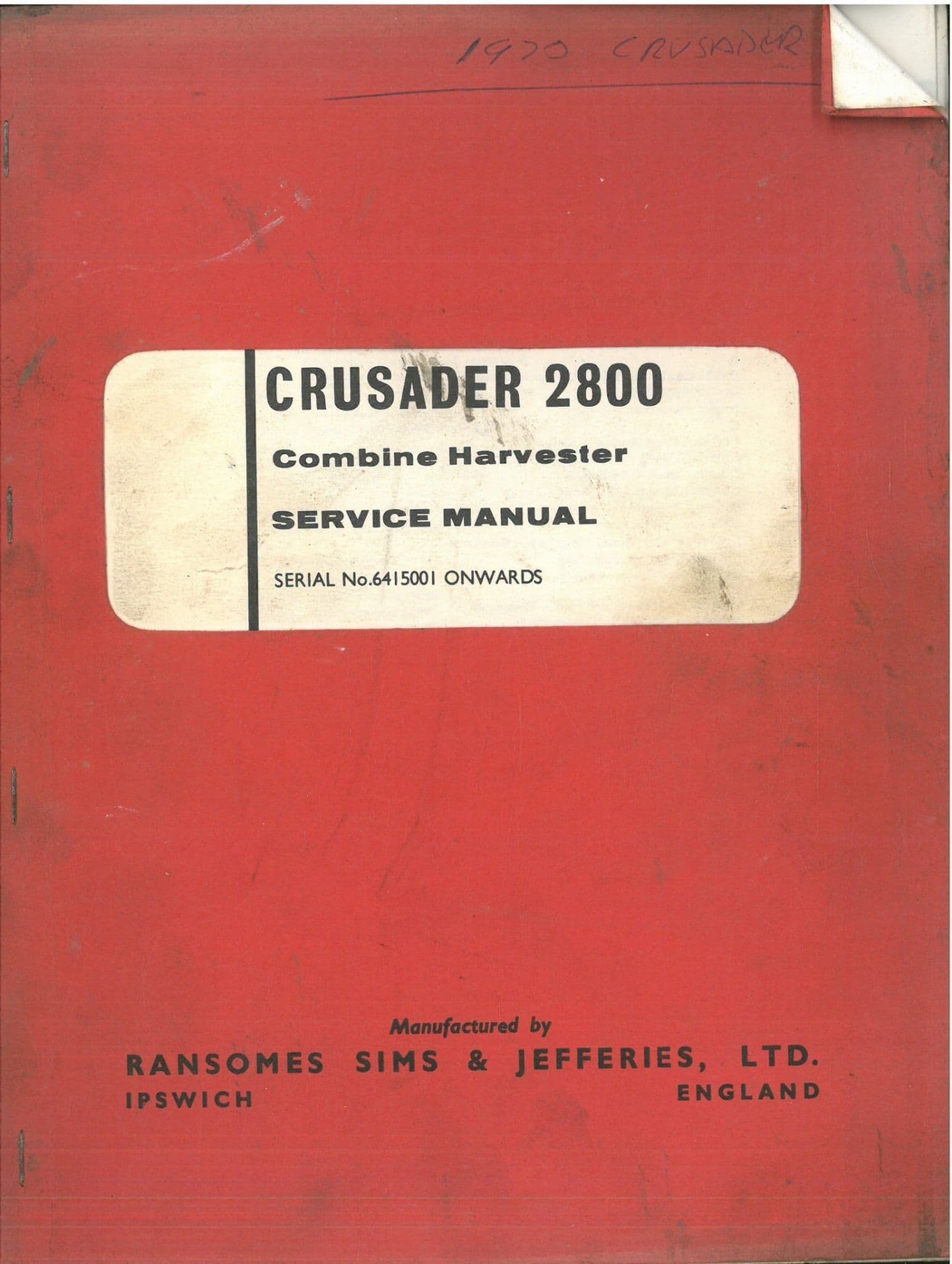 Ransomes Combine Harvester Crusader 2800 Service Manual