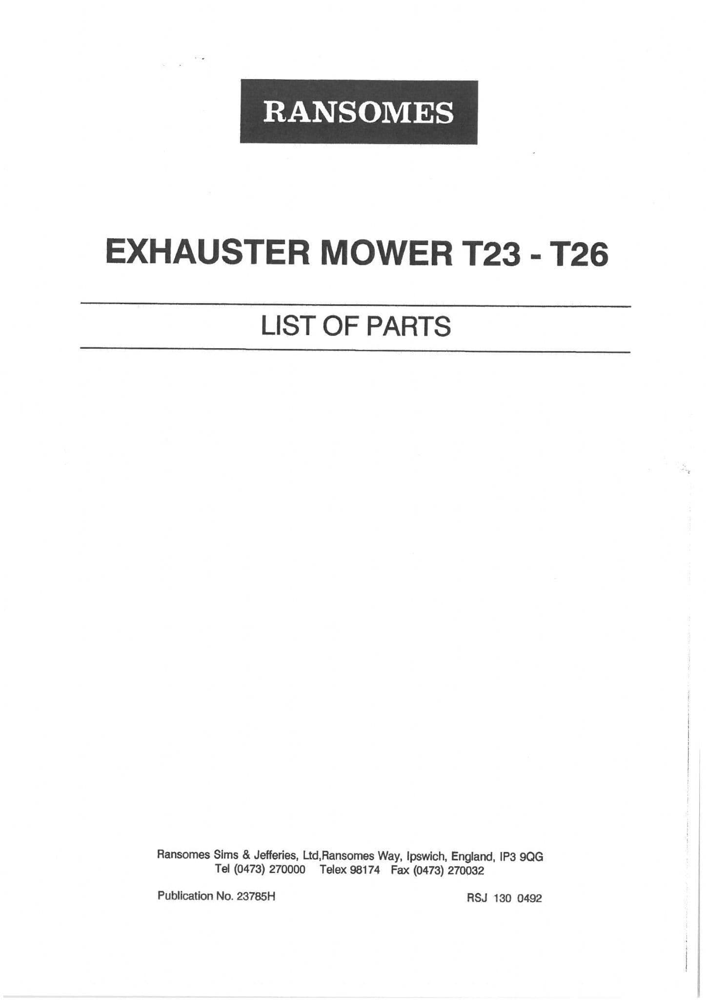 Ransomes Exhauster Mower T23 T26 Parts Manual