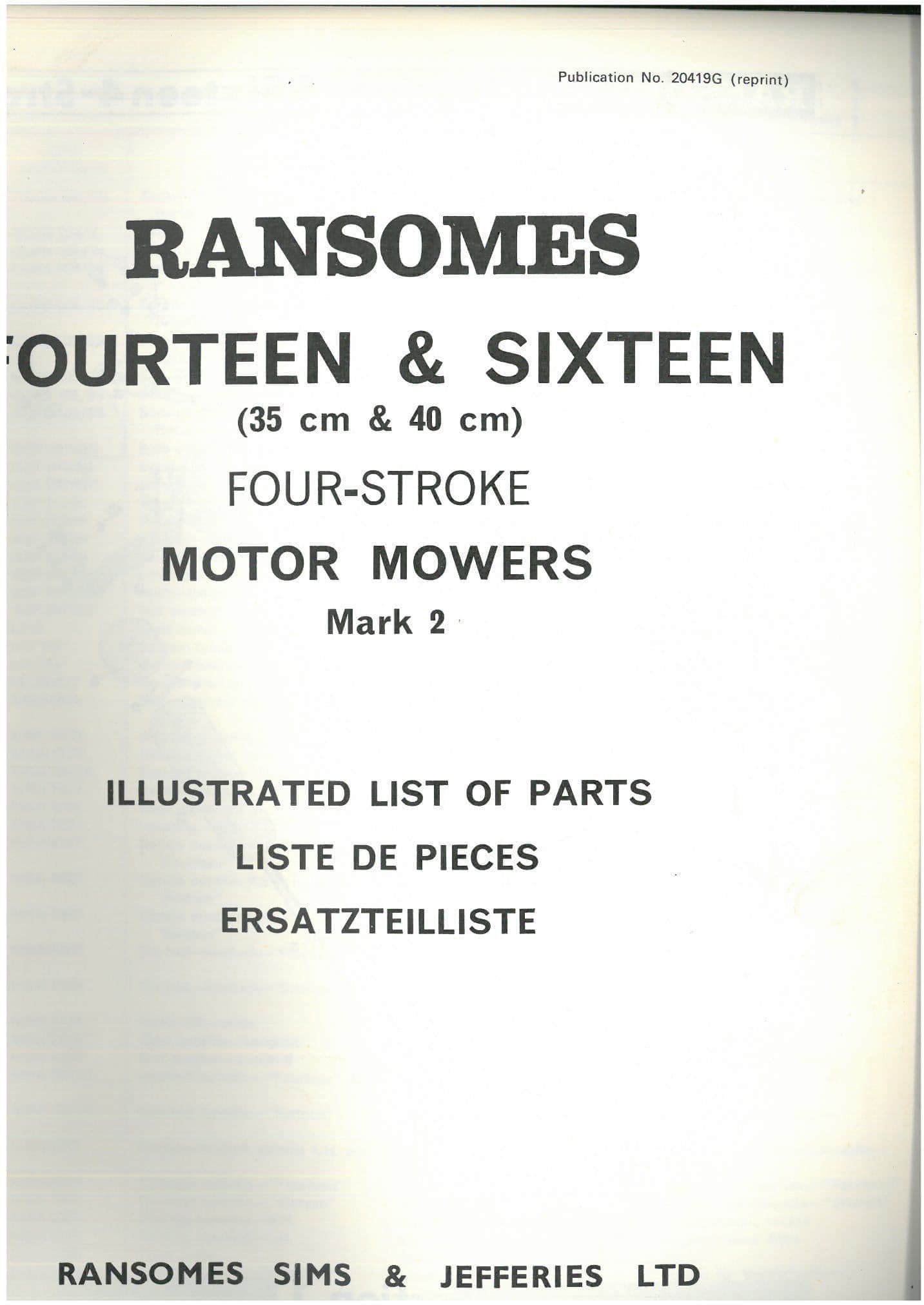 Ransomes Fourteen 14" & Sixteen 16" Mark 2 Mk2 Motor Mower Parts Manual
