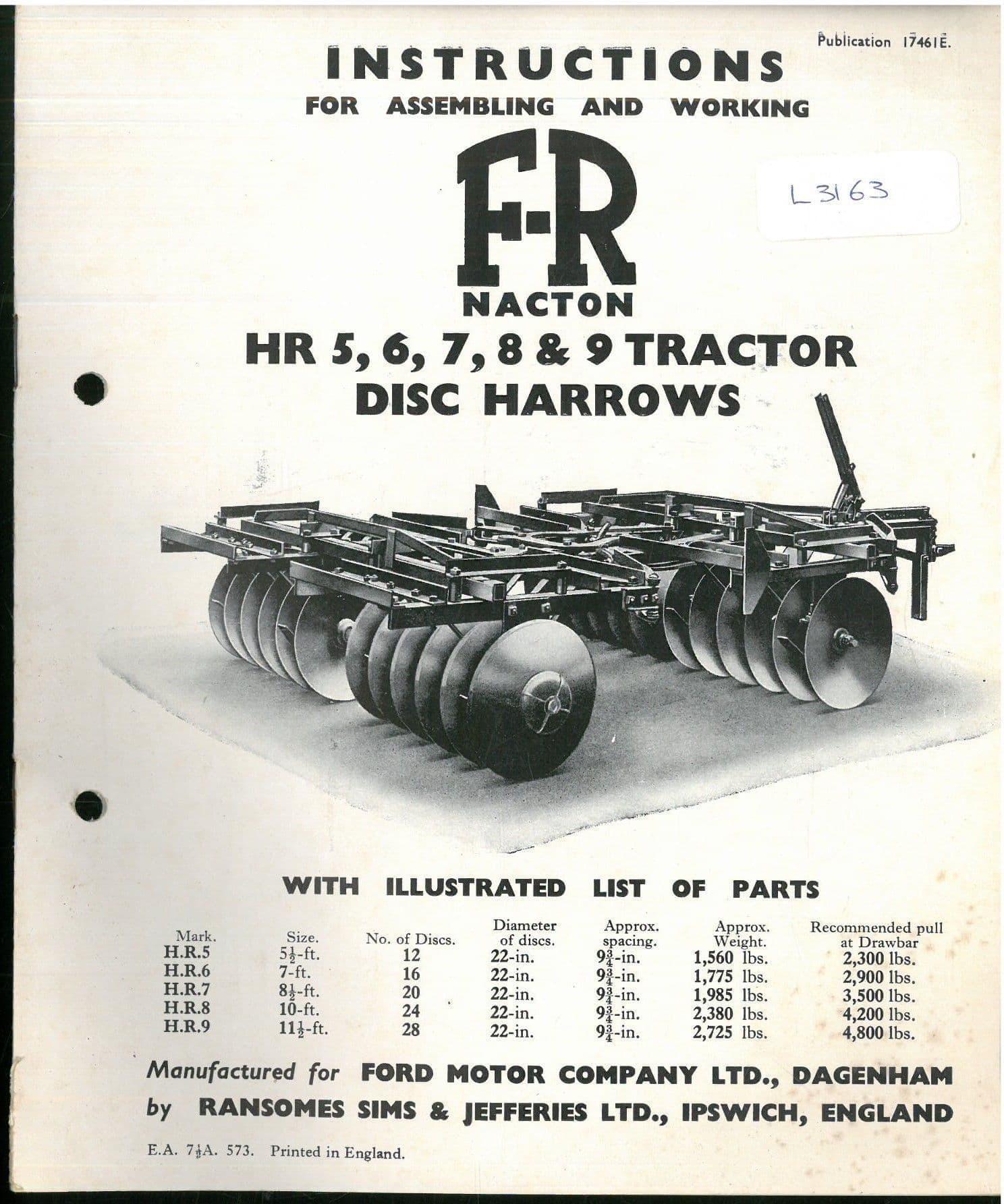 Ransomes FR Disc Harrow HR 5 6 7 8 9 Operators Manual & Parts List