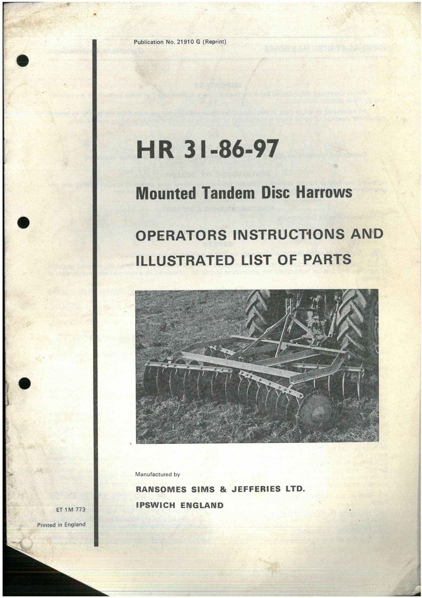 Ransomes HR31-86-97 Mounted Tandem Disc Harrows Operators Manual ...