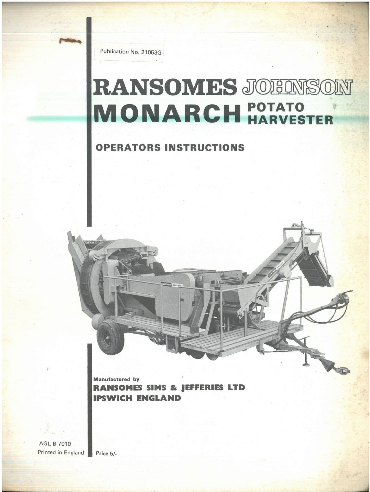 Ransomes Johnson Monarch Potato Harvester Operators Manual