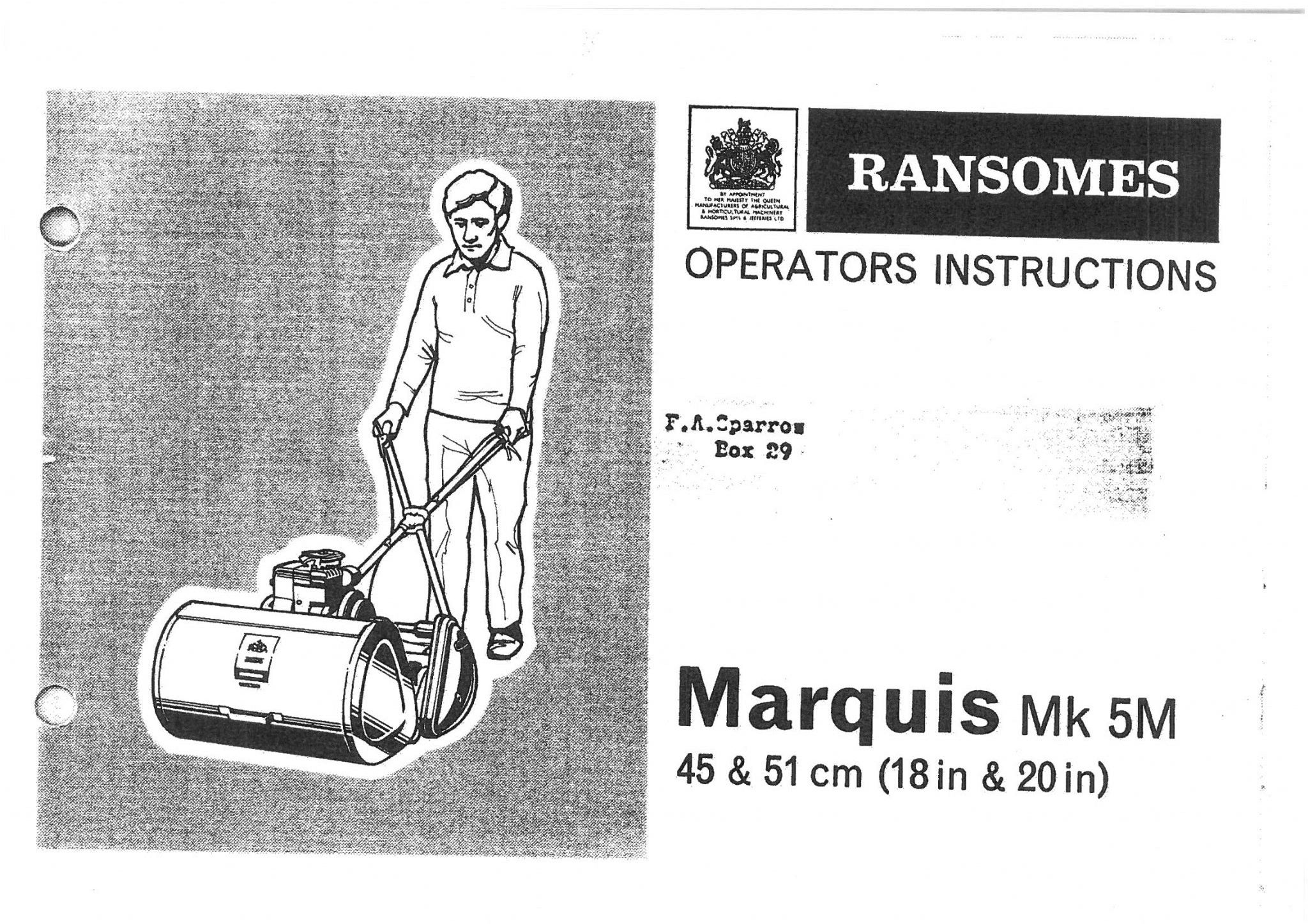 Ransomes "Marquis" Motor Mower 18" & 20" Mark 5 Mk5 Operators Manual