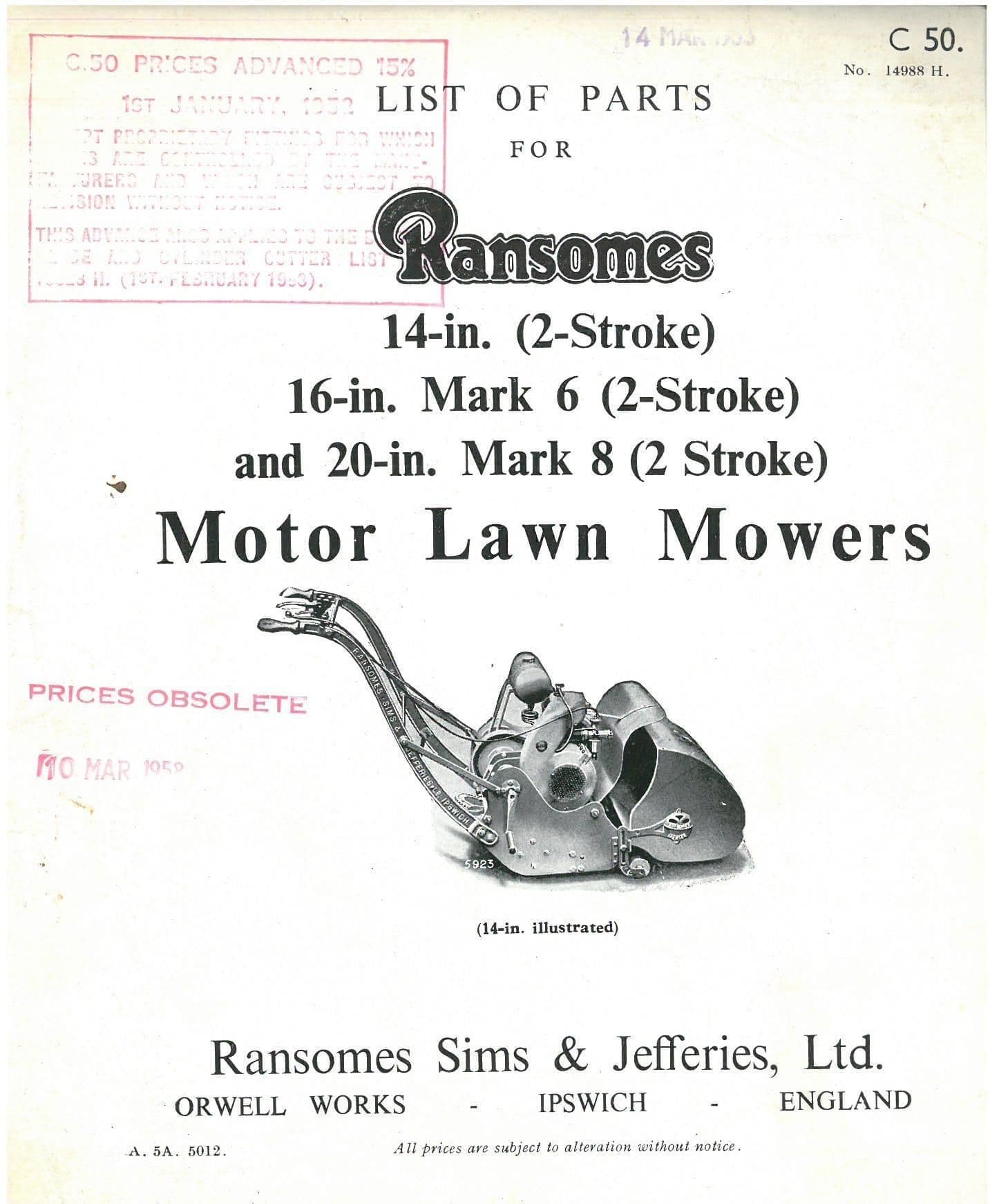 Ransomes Motor Lawn Mower 14" 2 Stroke 16" Mk 6 2 Stroke 20" Mk 8 2 ...