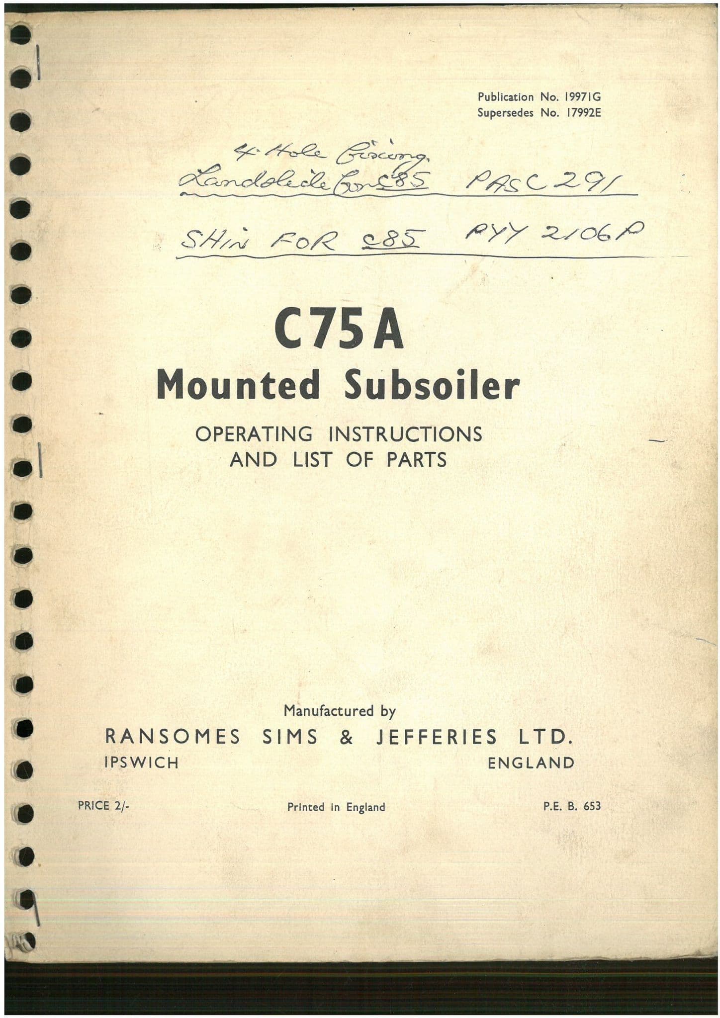 Ransomes Mounted Subsoiler C75A Operators Manual Including Parts List - C 75 A