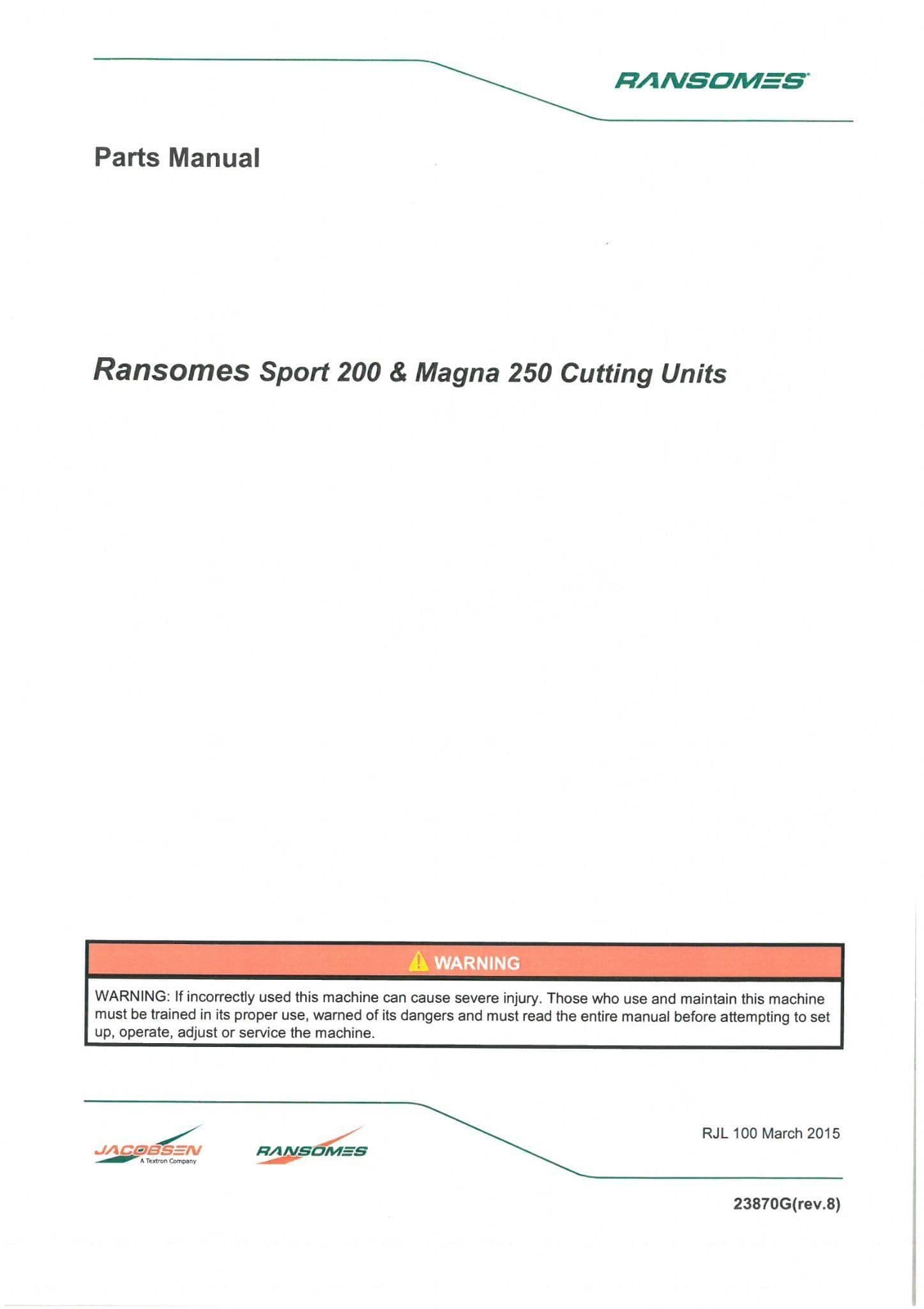 Ransomes Mower Cutting Unit Sport 200 & Magma 250 Parts Manual