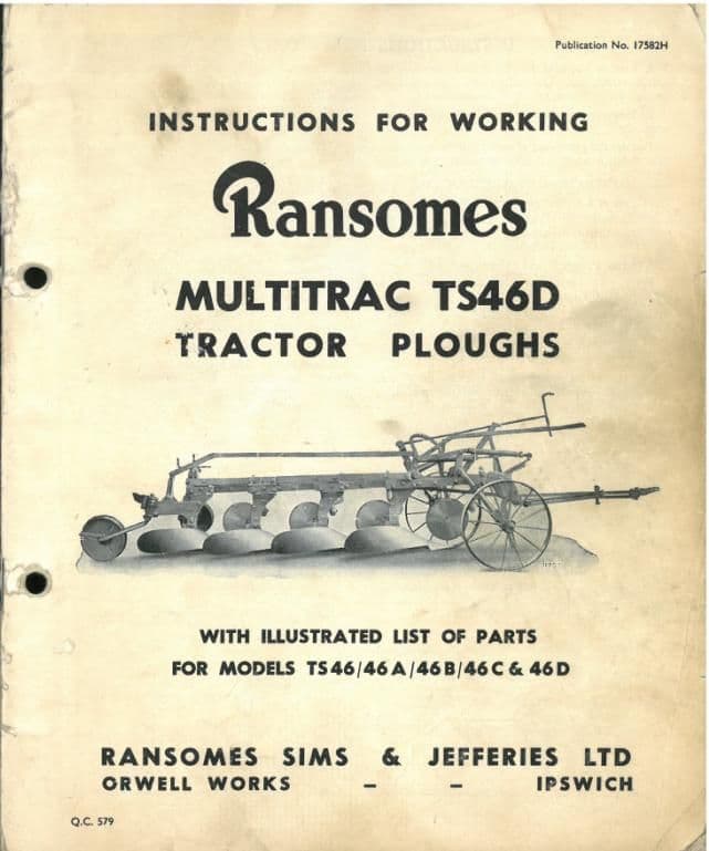 Ransomes Multitrac TS46D Trailed Plough Operating Manual with ...