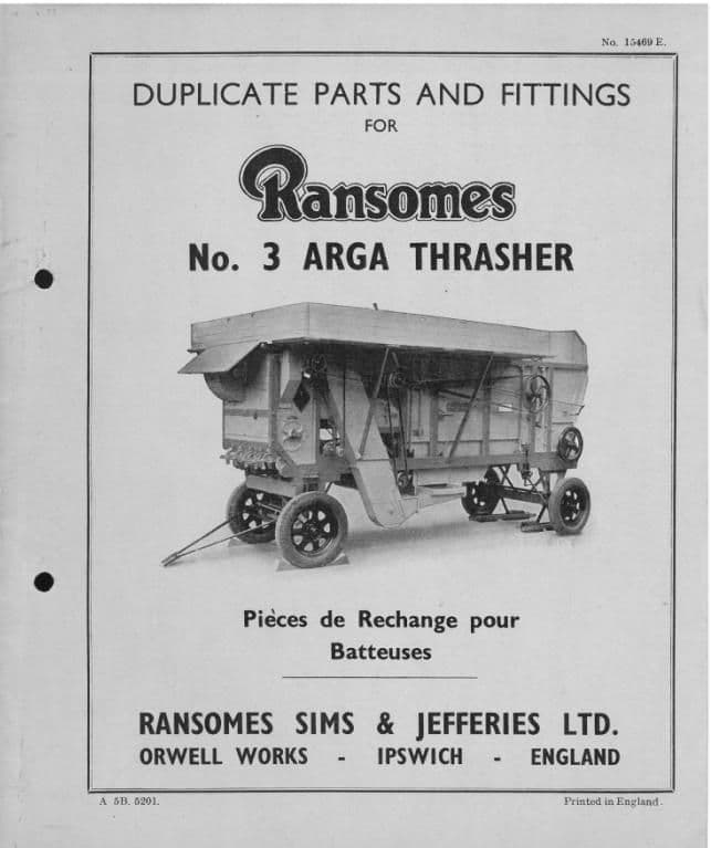 Ransomes No 3 Arga Thrasher Thrashing Machine Parts Manual