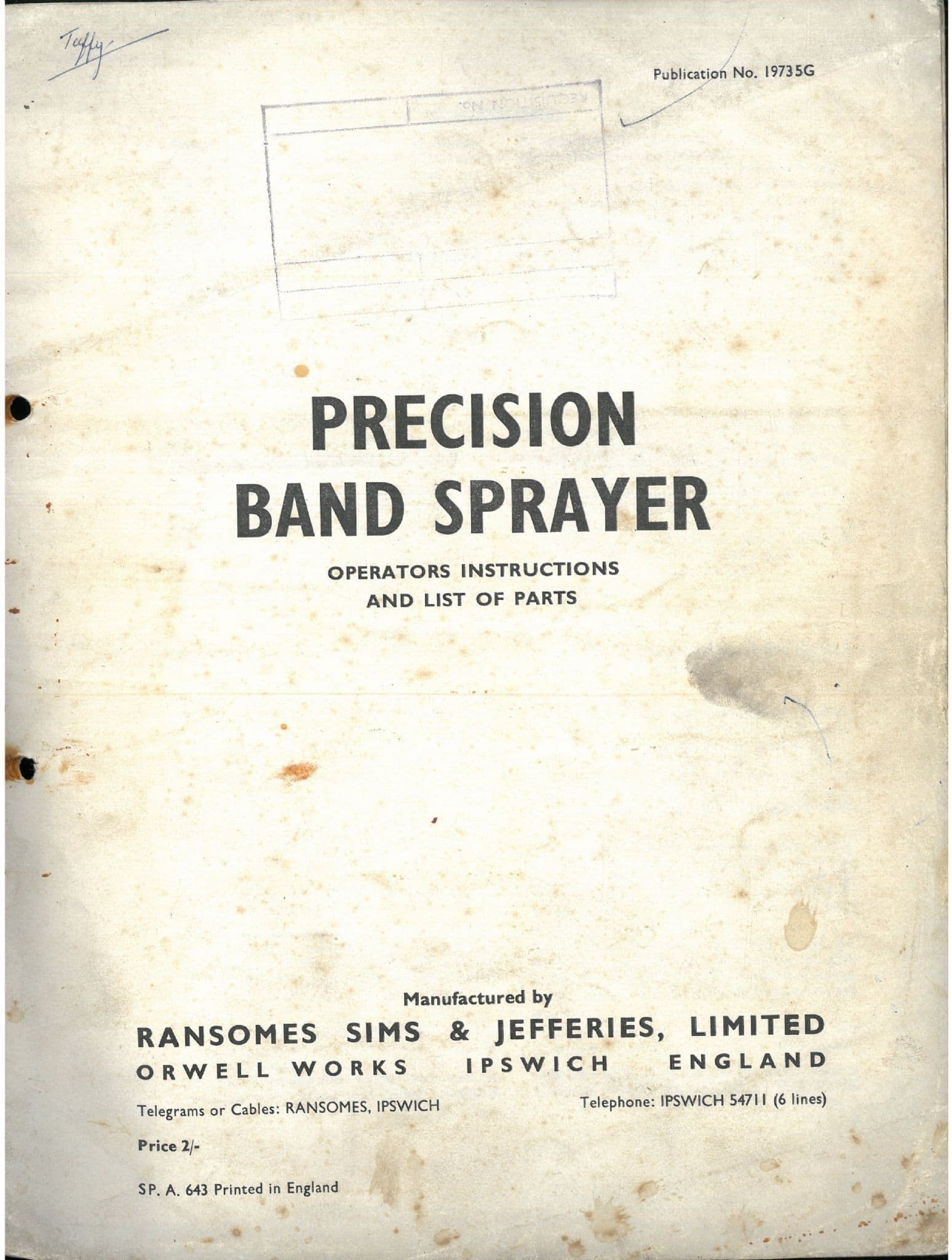 Ransomes Precision Band Sprayer Operators Manual with Parts List