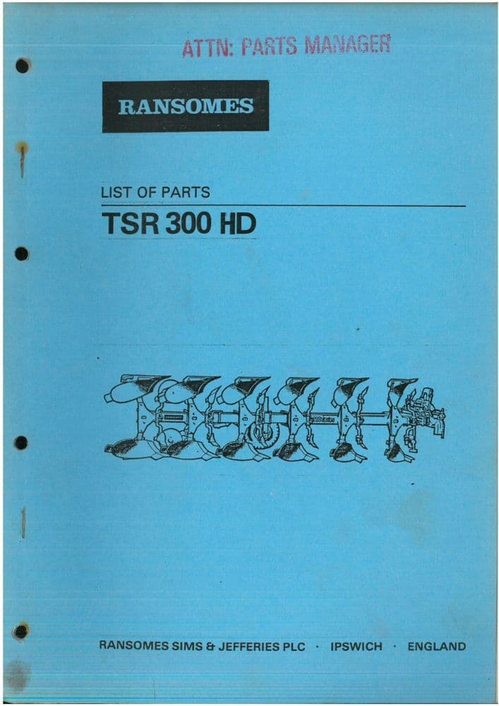 Ransomes Reversible Plough TSR 300 HD Parts Manual - TSR300HD