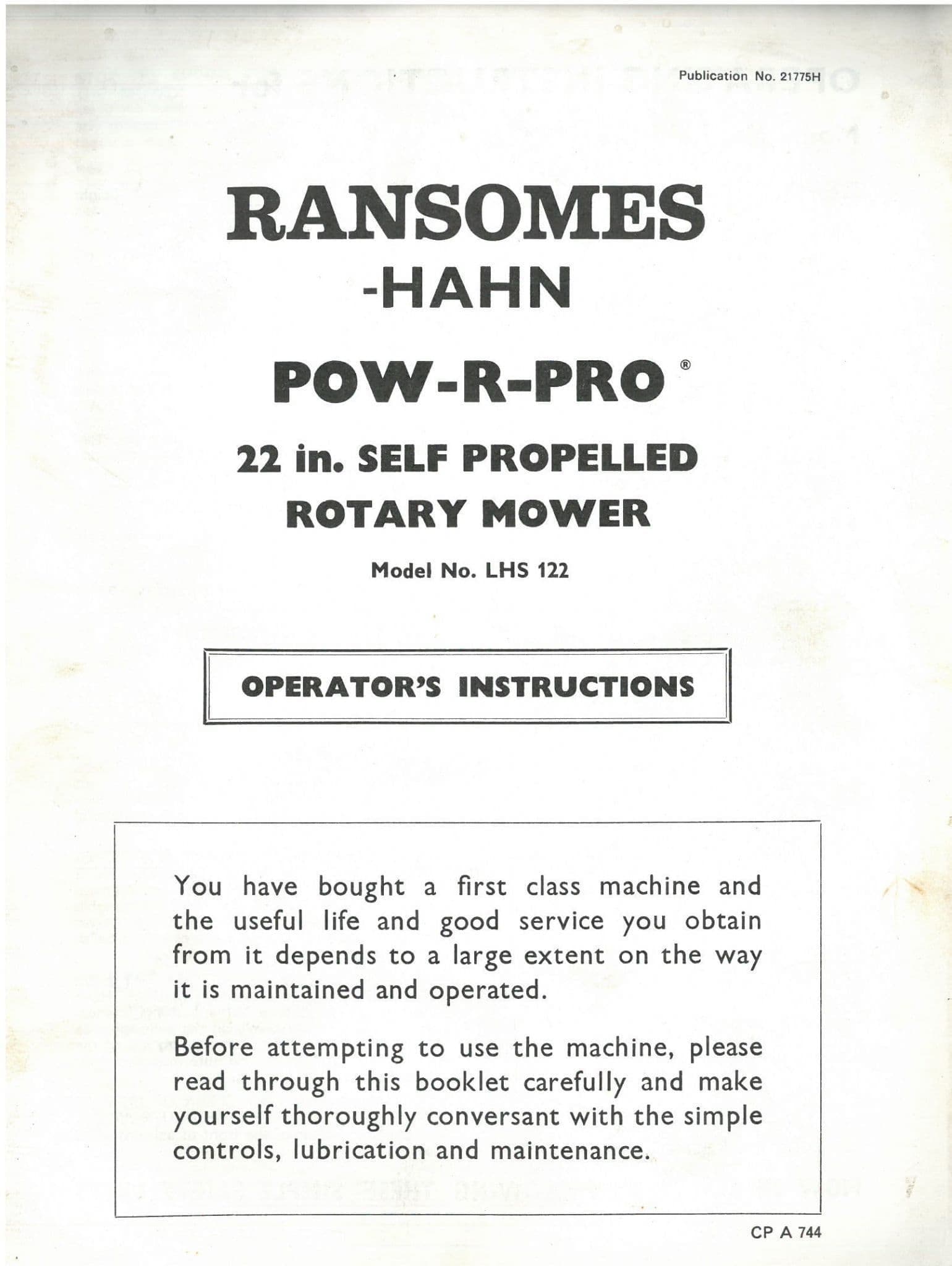 Ransomes Self Propelled Rotary Mower Pow-R-Pro Power 22" Operators ...