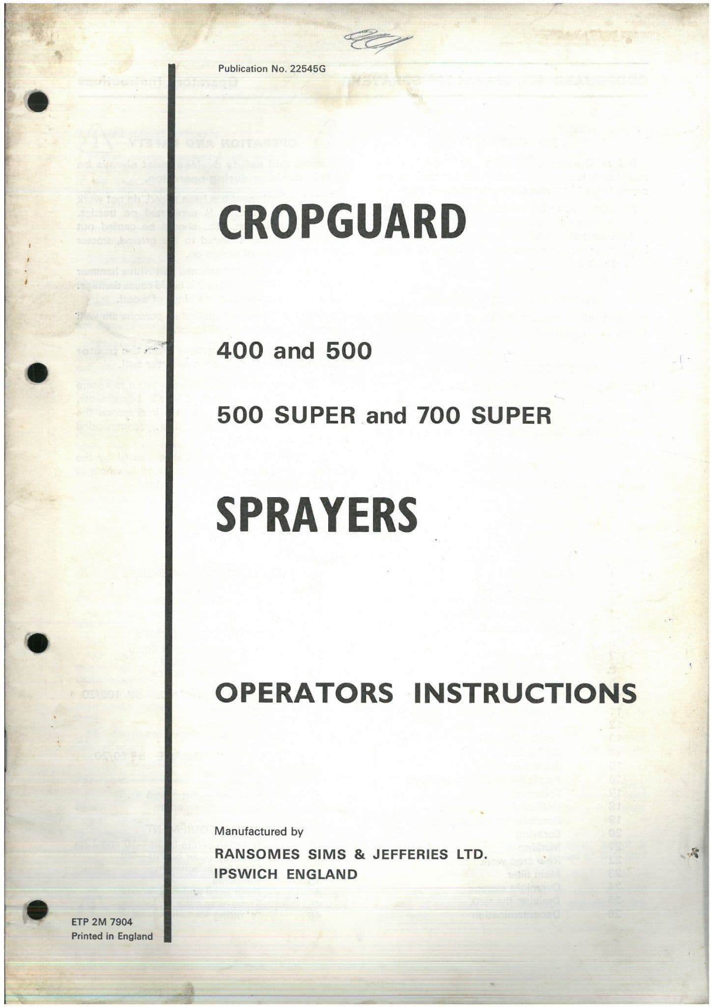 Ransomes Sprayer Cropguard 400 & 500 500 Super & 700 Operators Manual