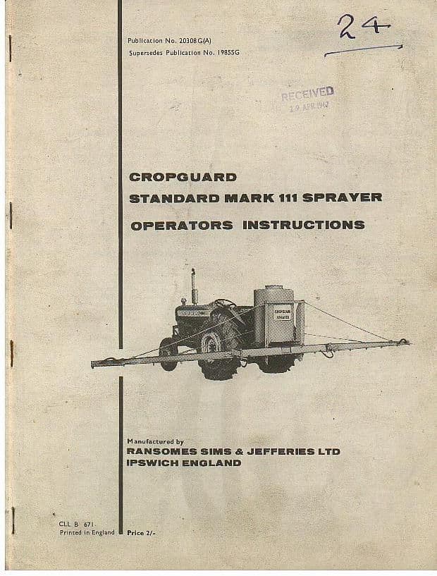 Ransomes Sprayer Cropguard Standard Mk III Operators Manual with Parts List