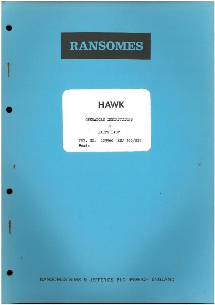 Ransomes Sprayer - Hawk Operators Manual with Parts List