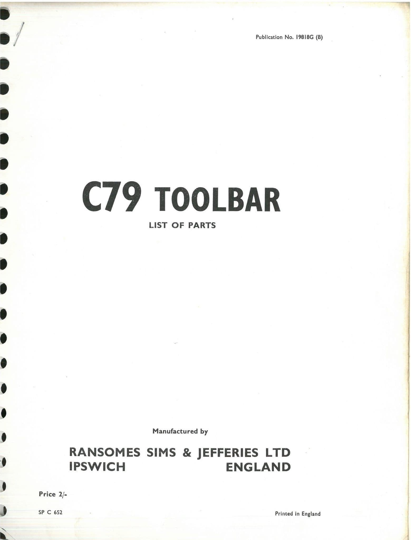 Ransomes Toolbar C79 Parts Manual