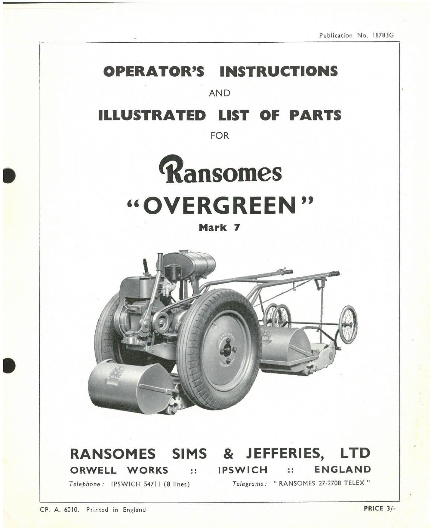 Ransomes Tractor Overgreen Motor Mower Mark 7 Mk7 Operators Manual with ...