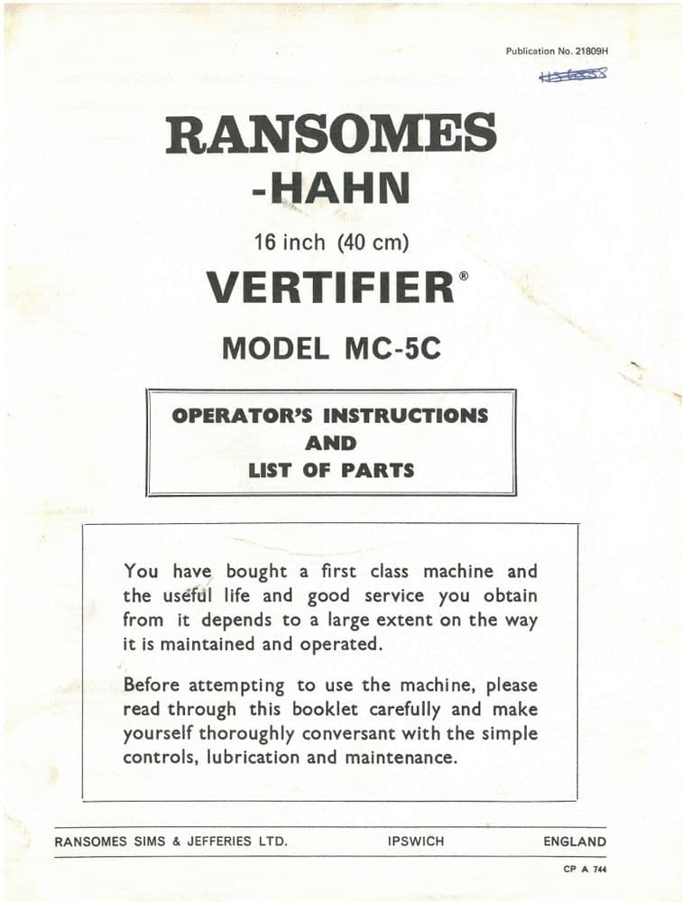 Ransomes Vertifier 16" MC-5C Operators Manual with Parts List 16 Inch