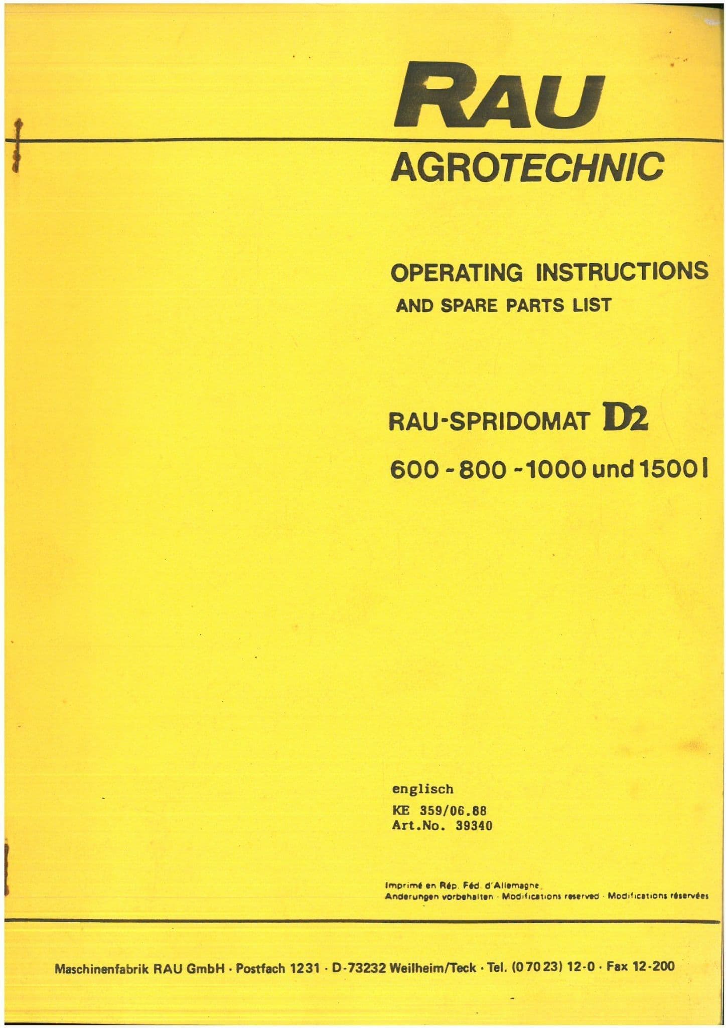 Rau Agrotechnic Sprayer Spridomat D2 600 800 1000 1500 L Operators ...