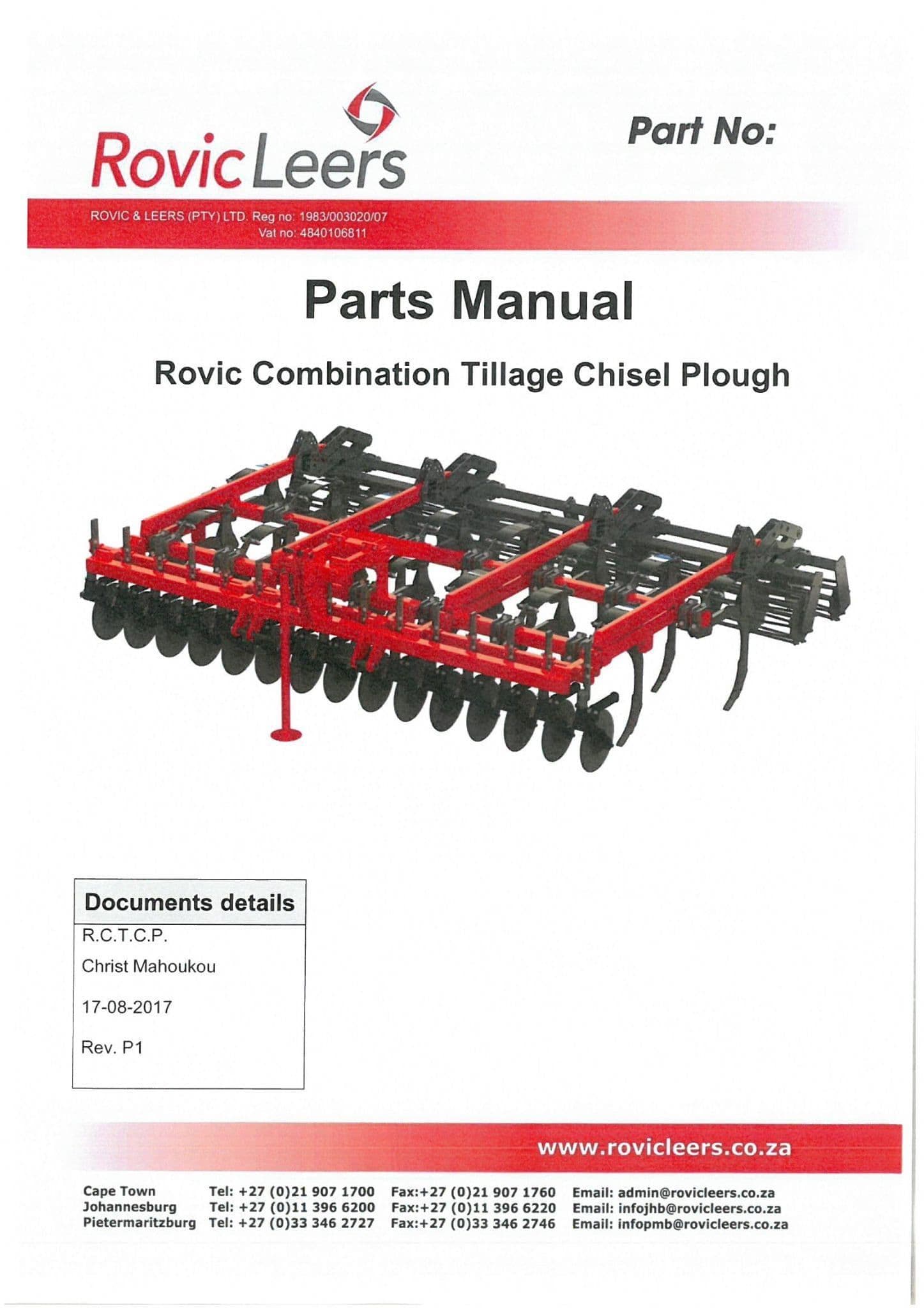 Rovic Leers Combination Tillage Chisel Plough Parts Manual