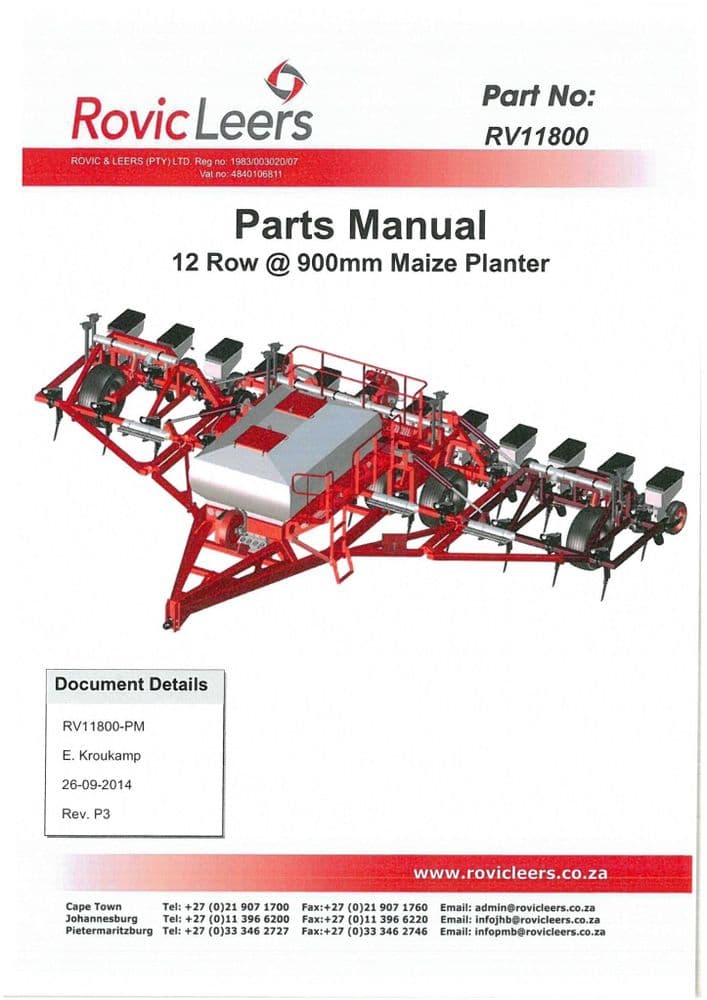 Rovic Leers Seed Drill 12 Row 900mm Maize Planter Parts Manual